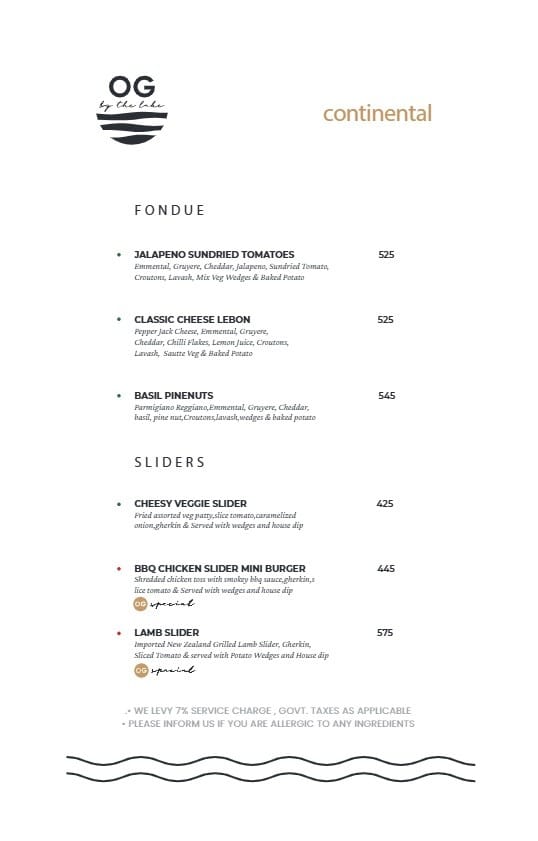Menu of OG by the lake, Topsia, Kolkata
