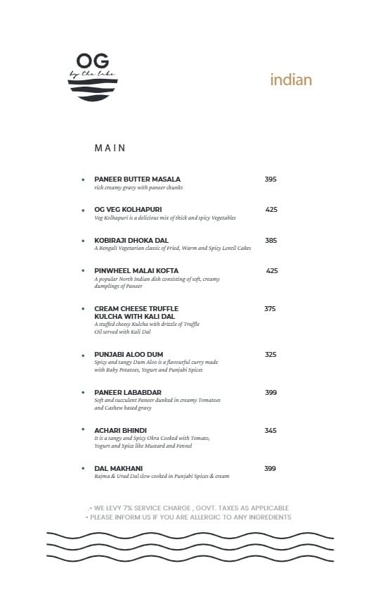 Menu of OG by the lake, Topsia, Kolkata