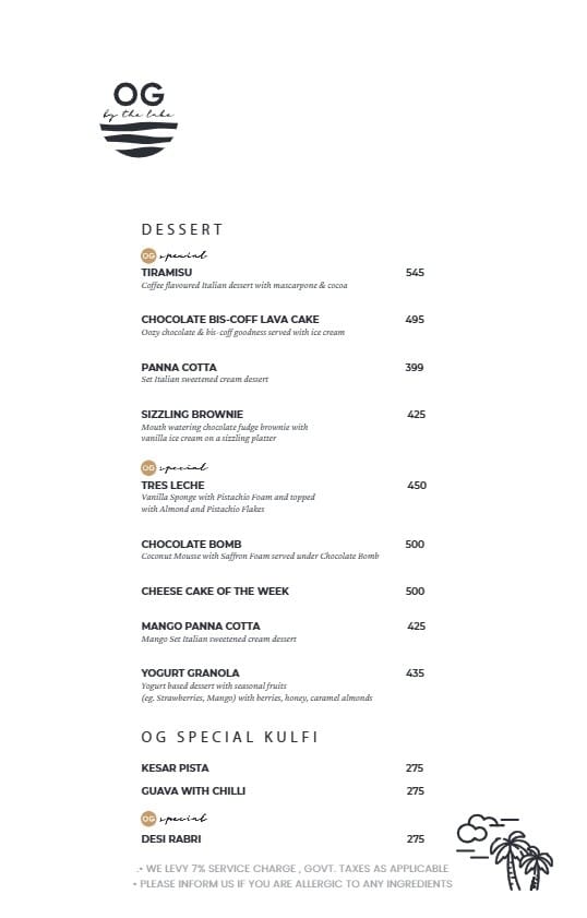 Menu of OG by the lake, Topsia, Kolkata