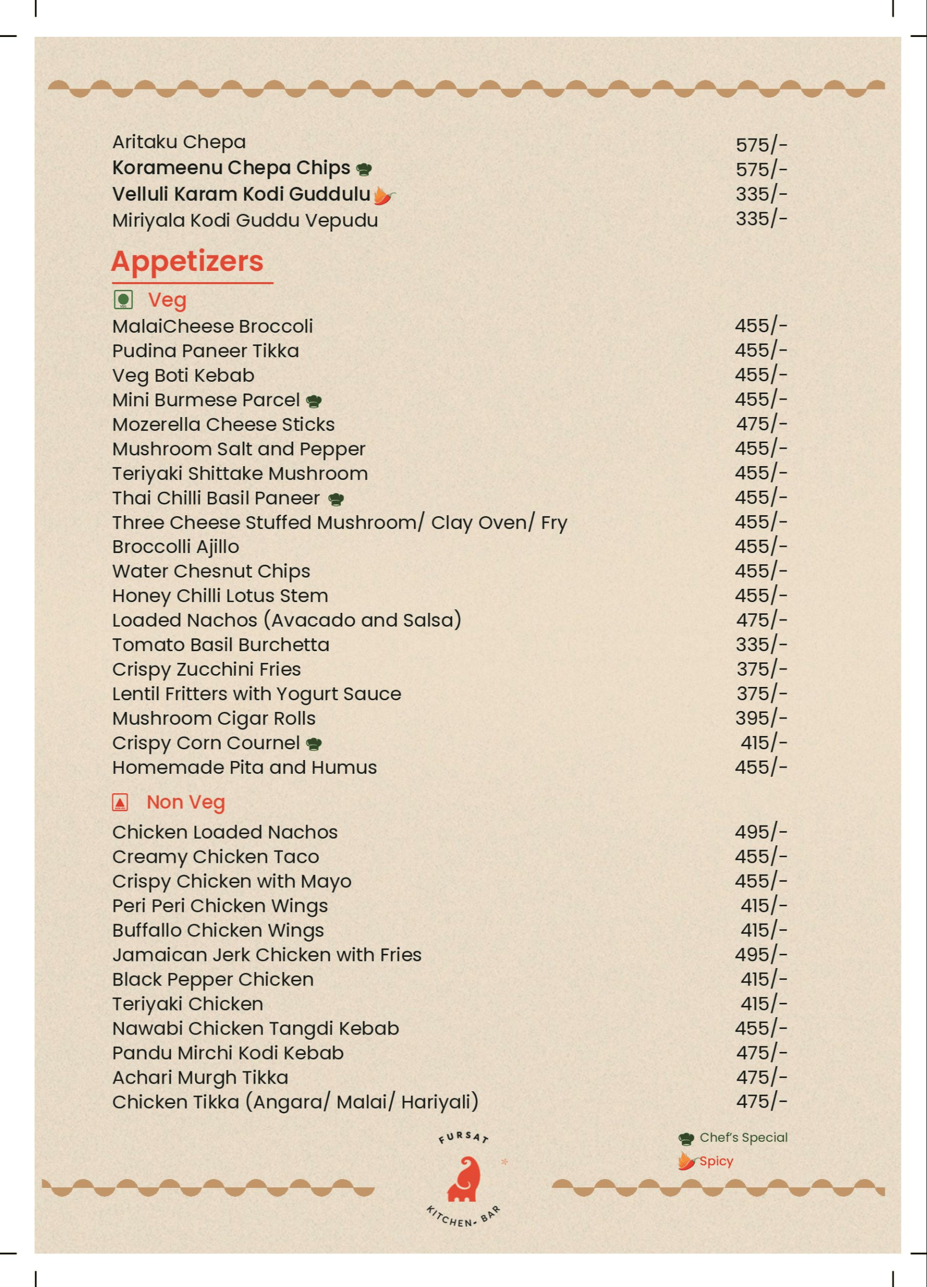 Menu of Fursat Kitchen & Bar, Madhapur, Hyderabad
