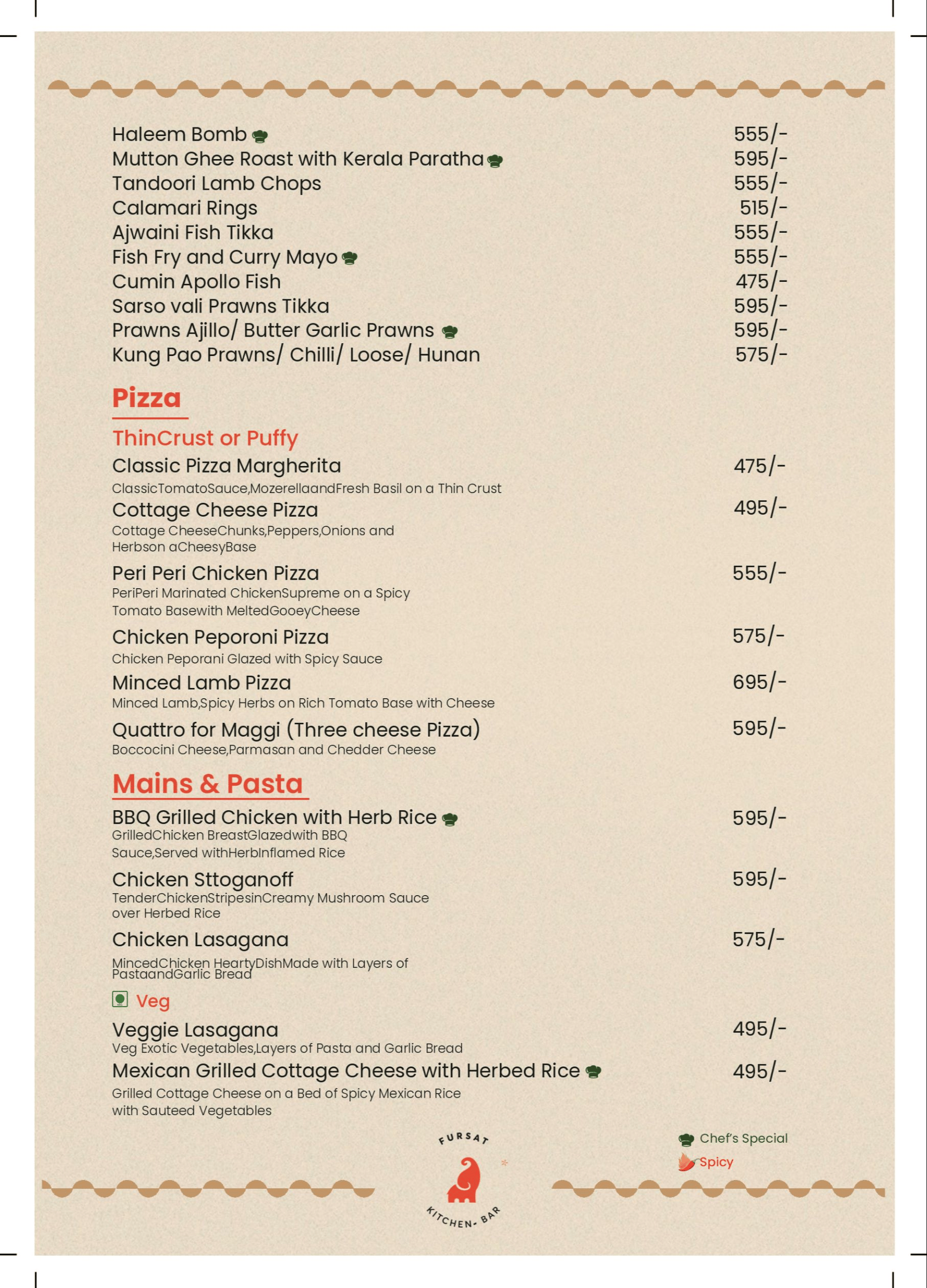 Menu of Fursat Kitchen & Bar, Madhapur, Hyderabad