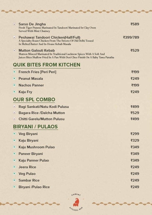 Menu of Fursat Kitchen & Bar, Madhapur, Hyderabad