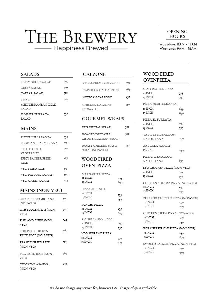 Menu of The Brewery, Gorwa Rd, Vadodara