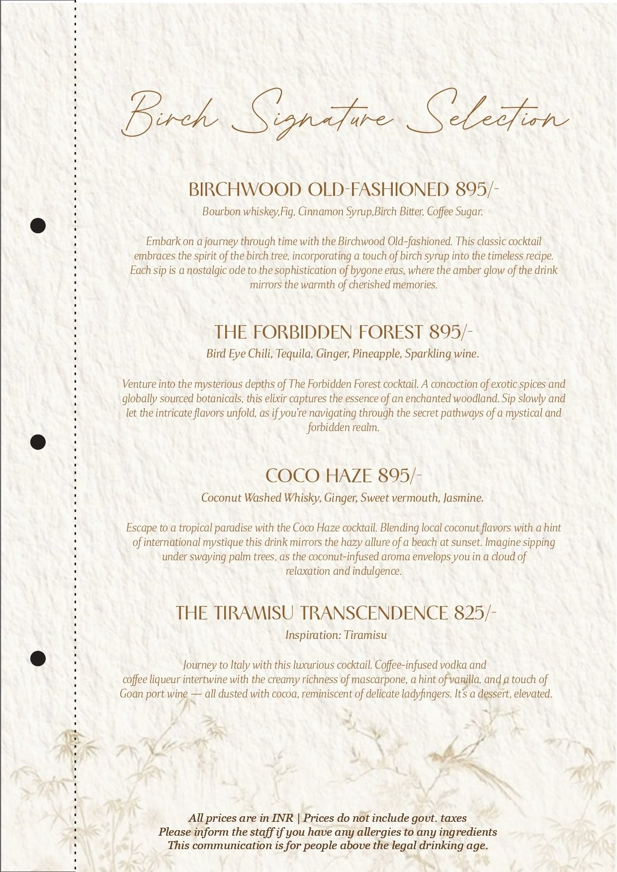 Menu of Birch, Patia, Bhubaneswar