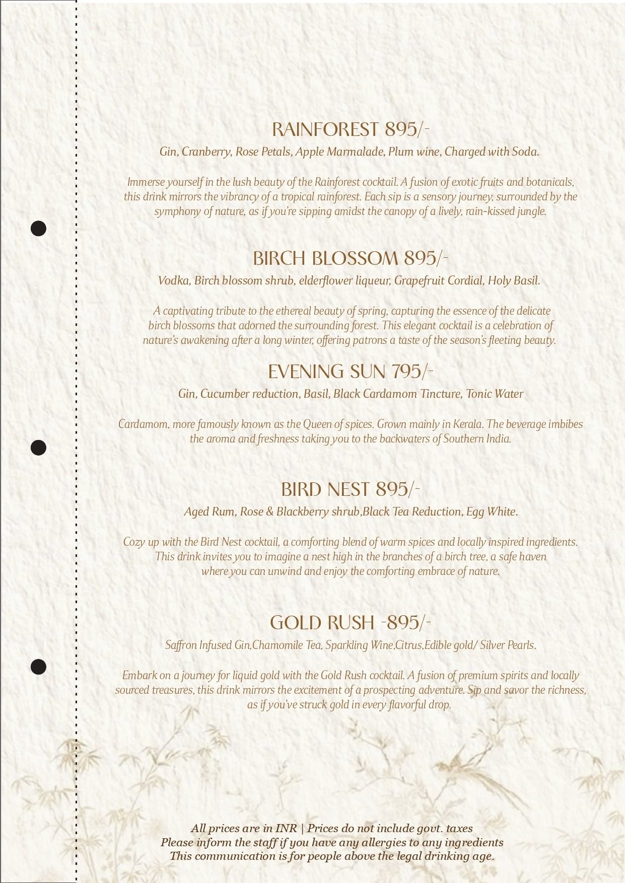 Menu of Birch, Patia, Bhubaneswar