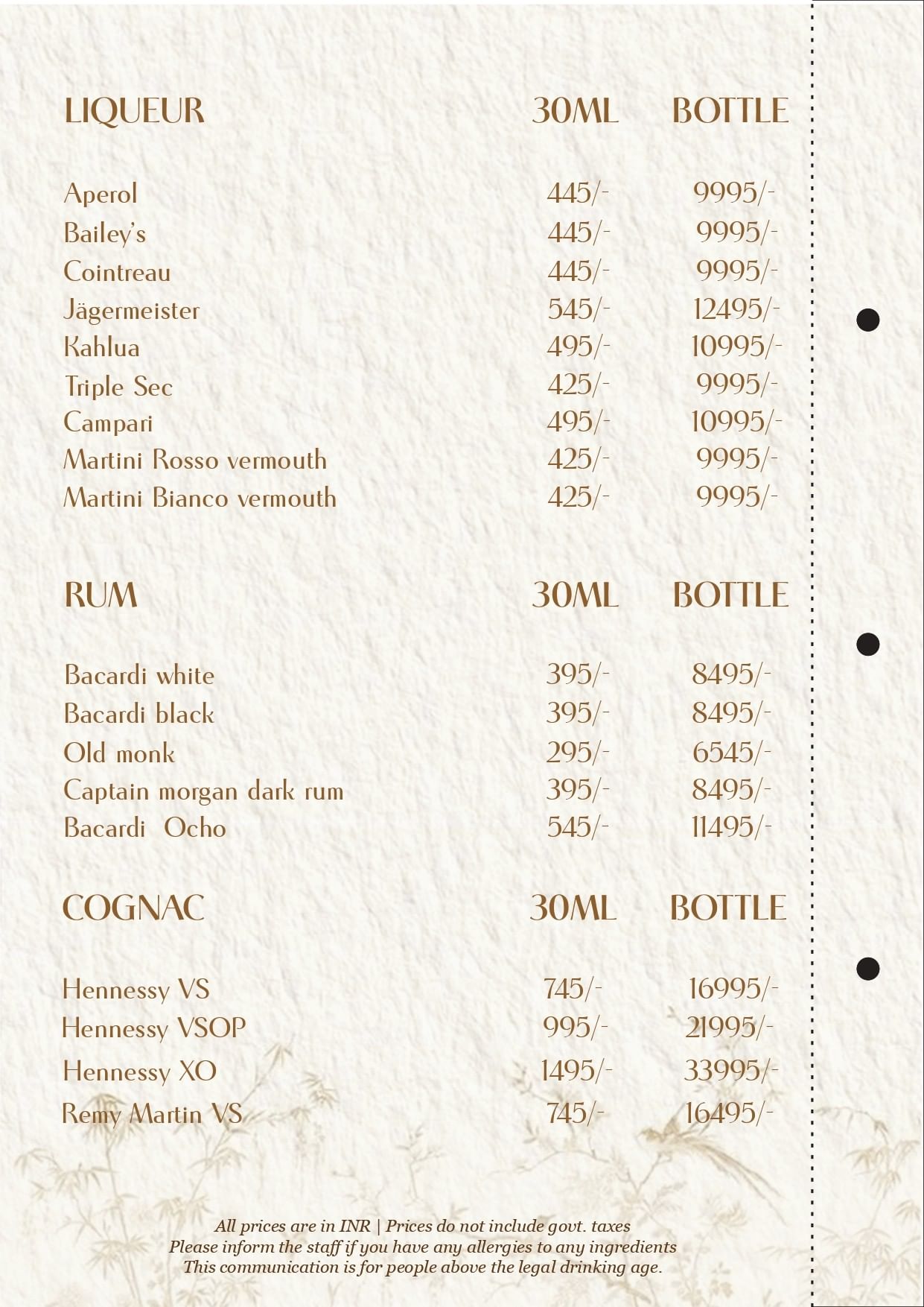 Menu of Birch, Patia, Bhubaneswar