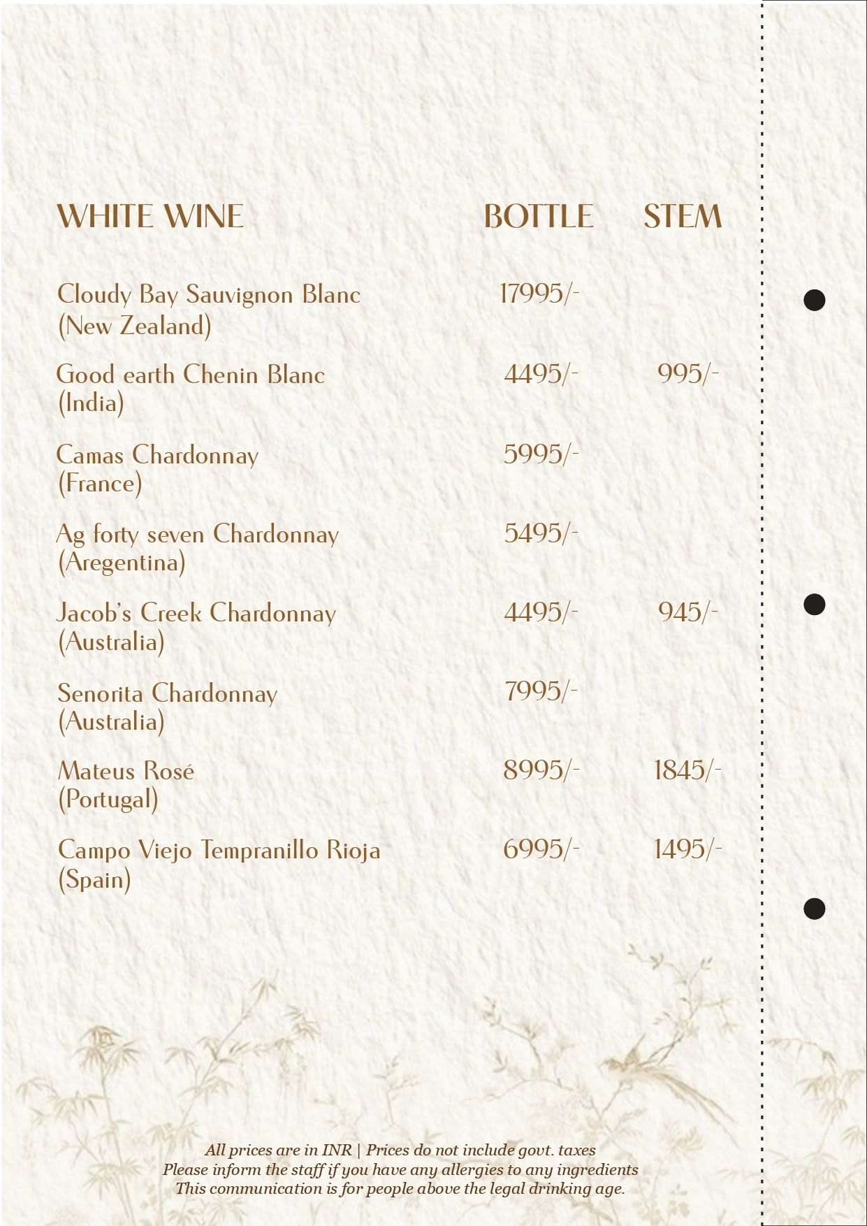 Menu of Birch, Patia, Bhubaneswar