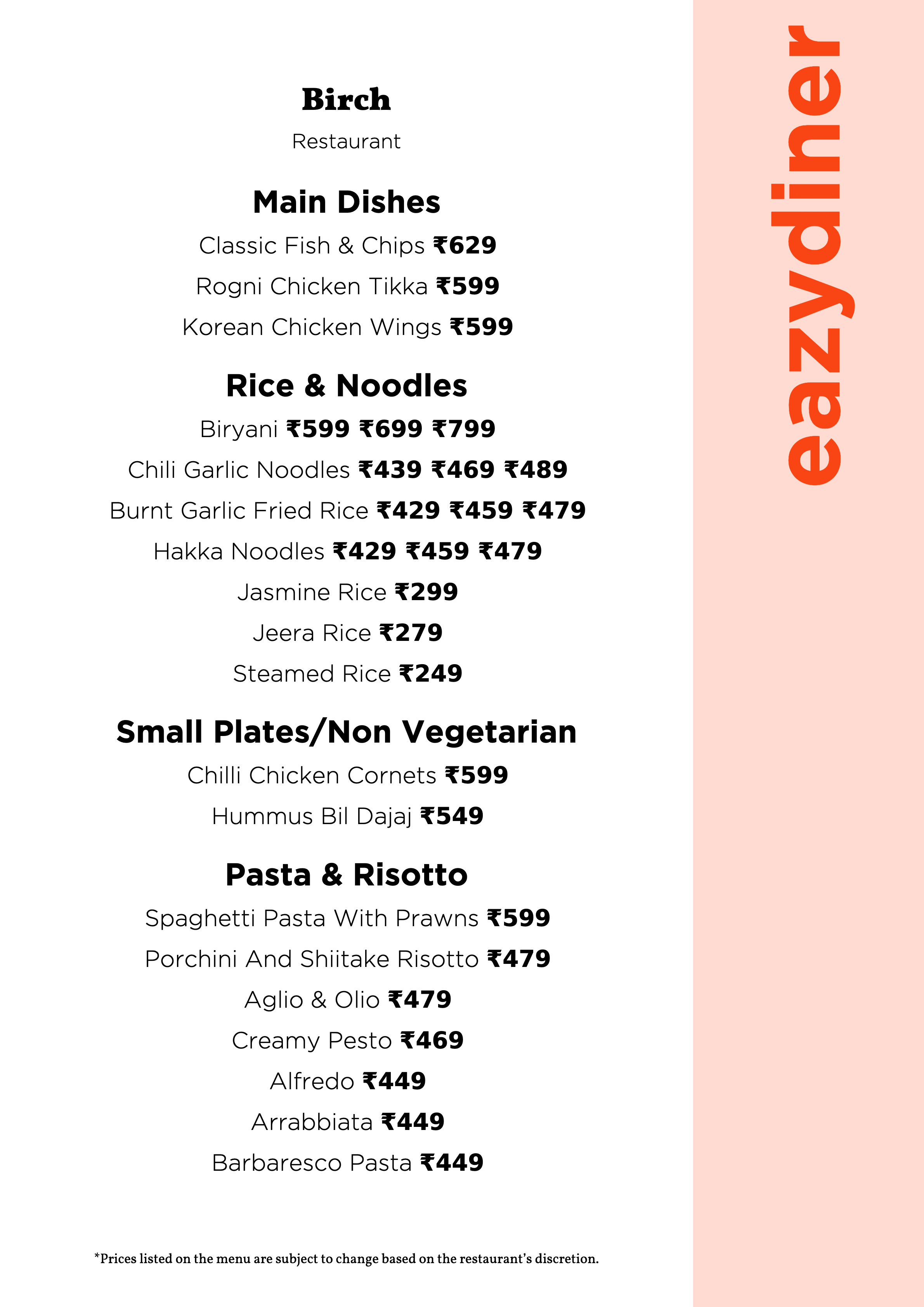 Menu of Birch, Patia, Bhubaneswar