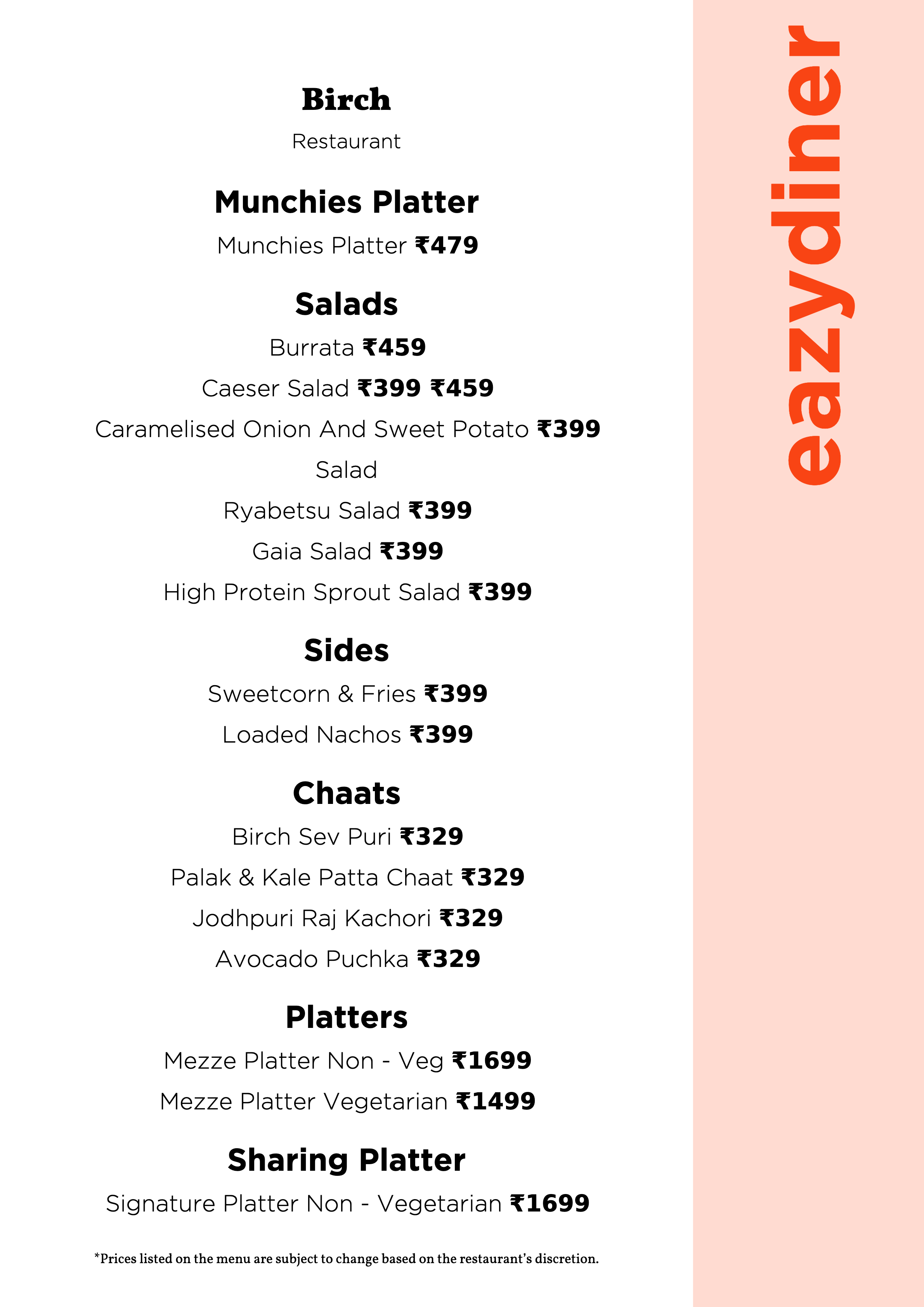 Menu of Birch, Patia, Bhubaneswar