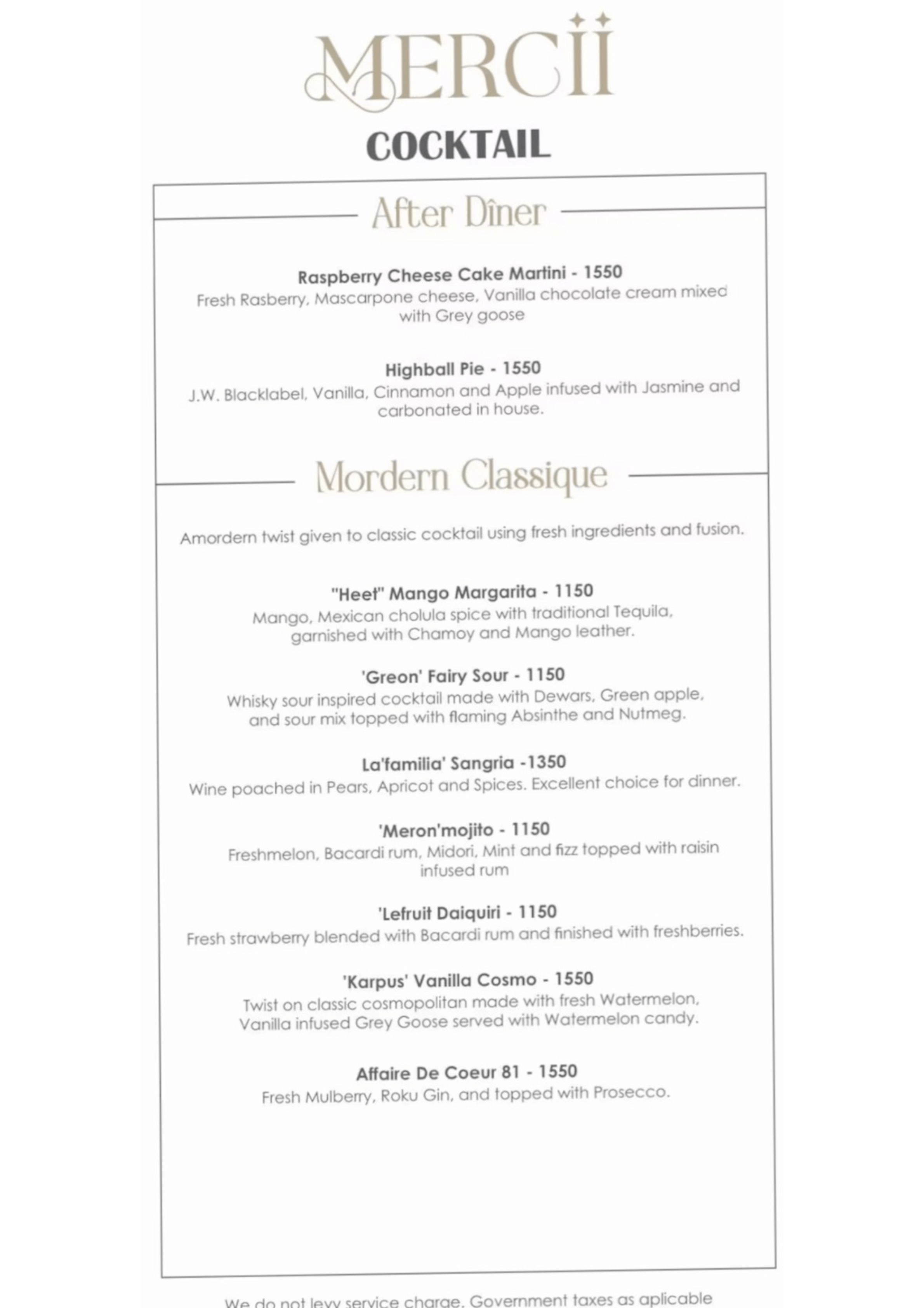 Menu of Mercii, Santacruz West, Western Suburbs