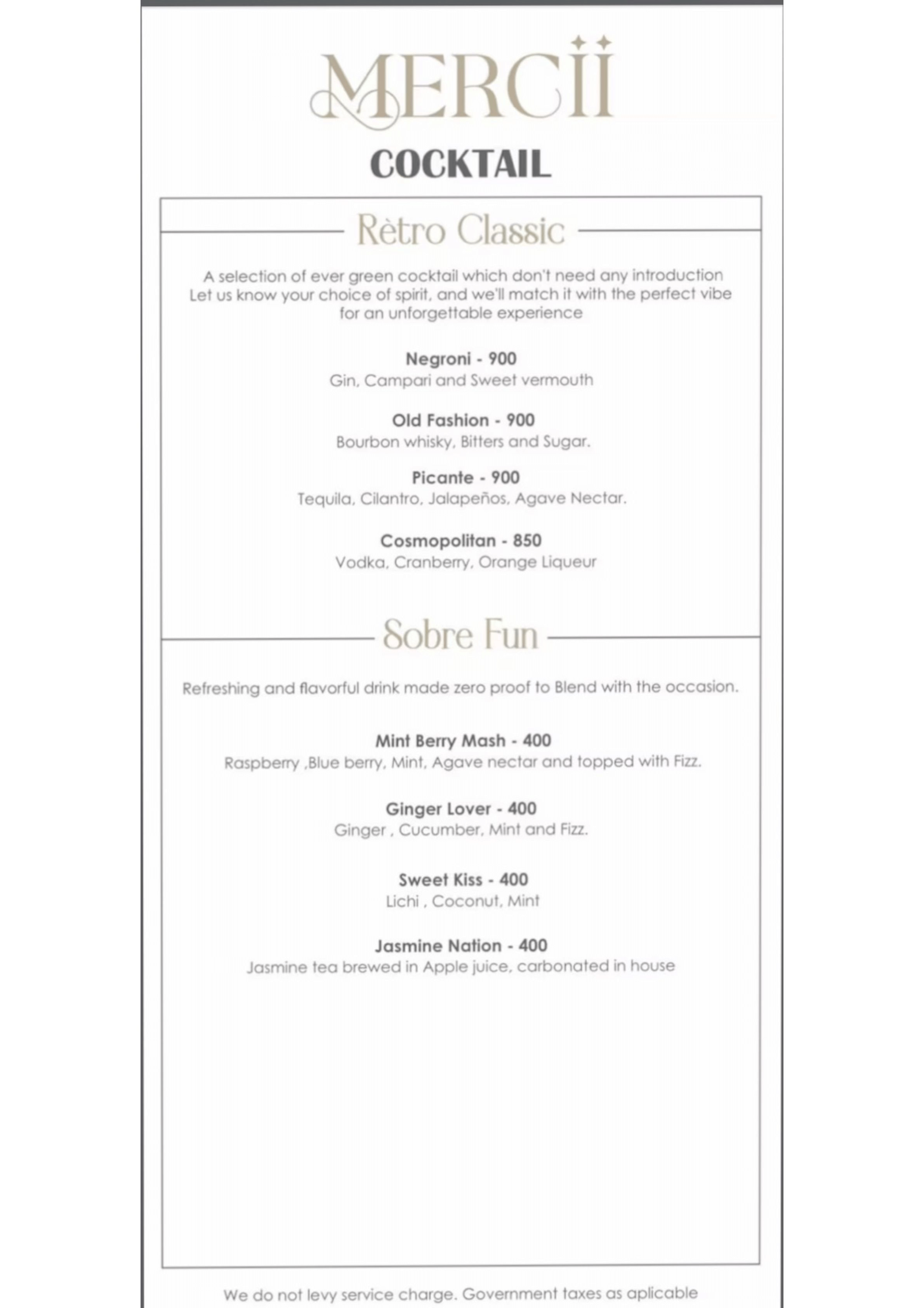 Menu of Mercii, Santacruz West, Western Suburbs