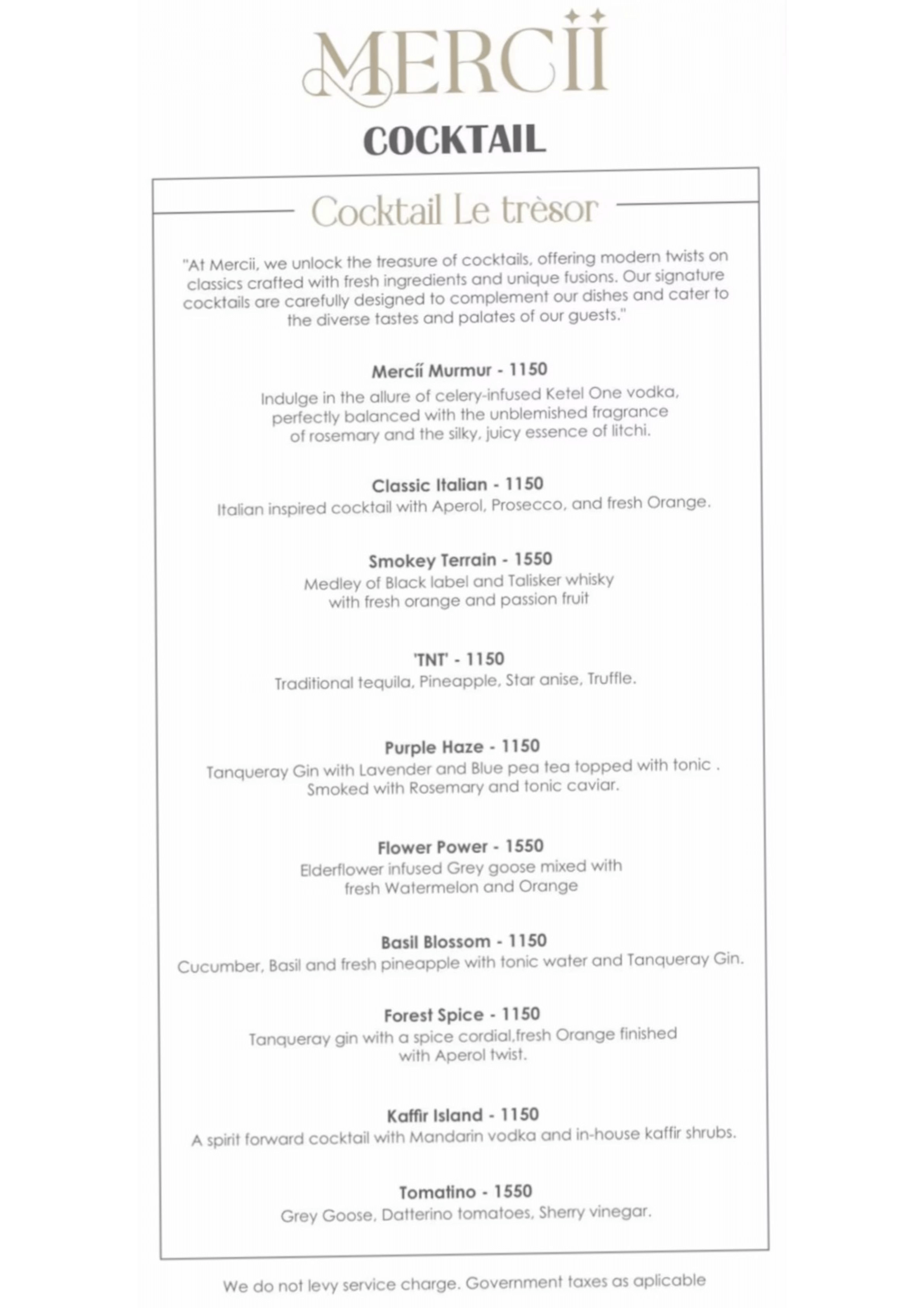 Menu of Mercii, Santacruz West, Western Suburbs