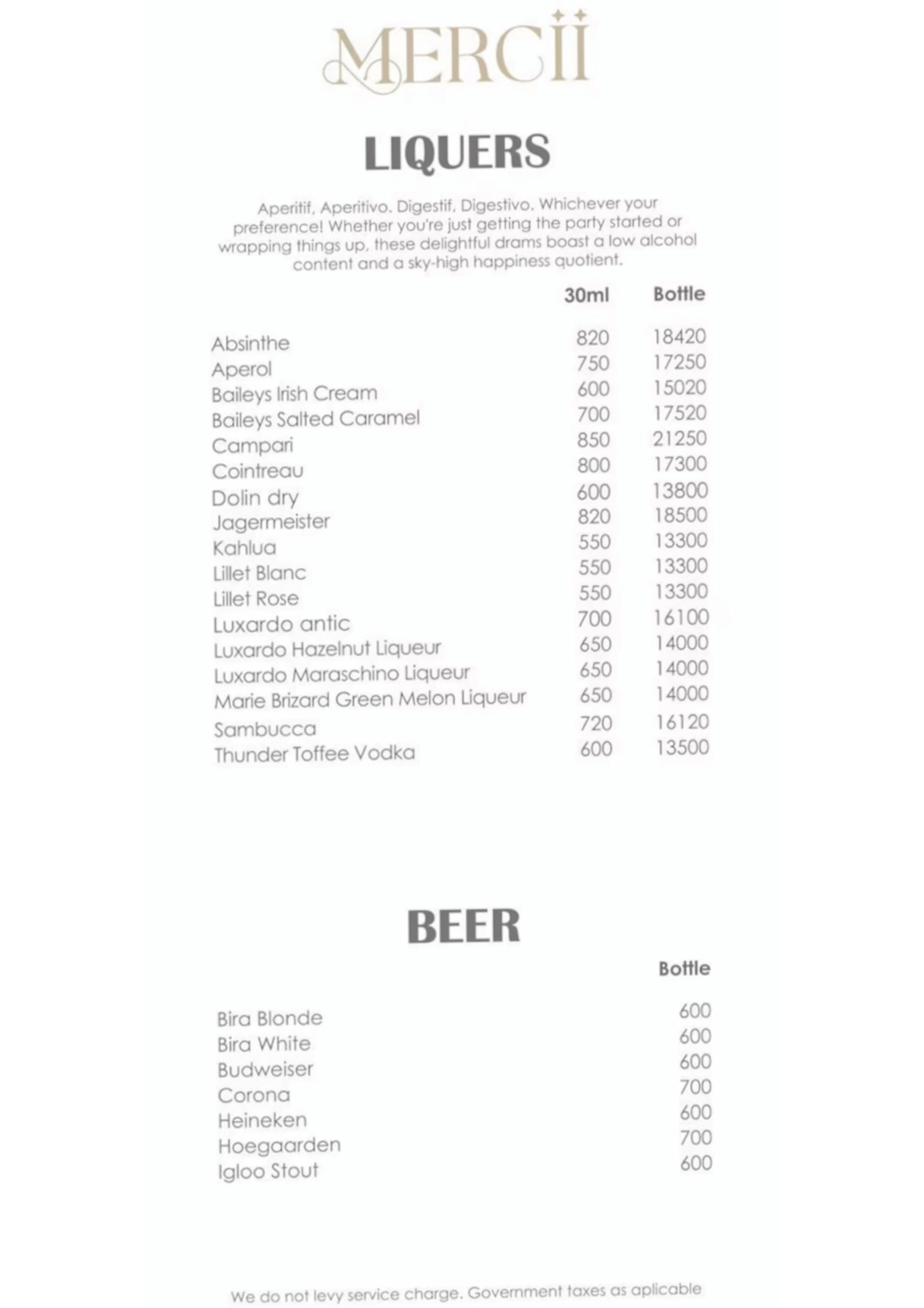 Menu of Mercii, Santacruz West, Western Suburbs