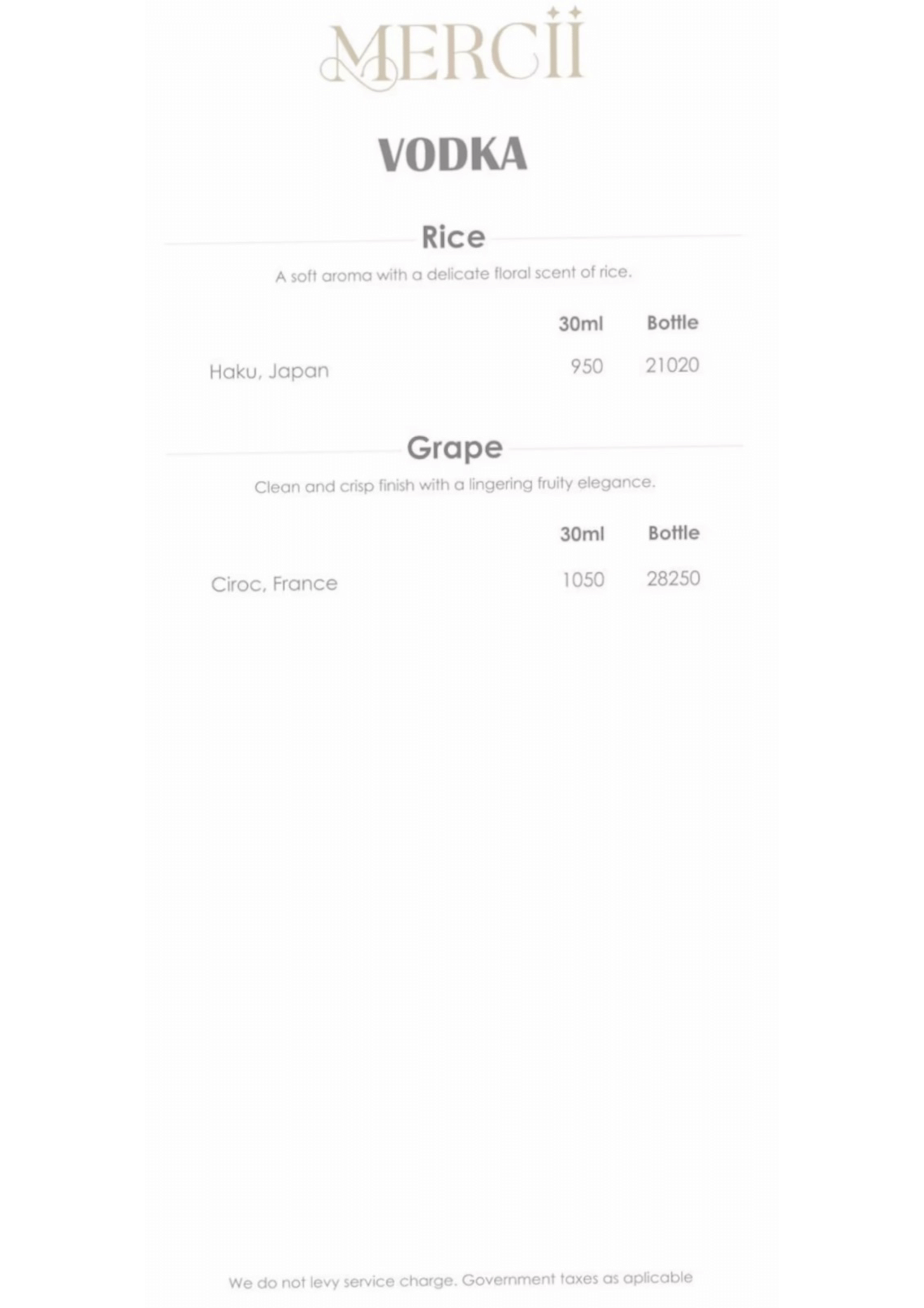 Menu of Mercii, Santacruz West, Western Suburbs