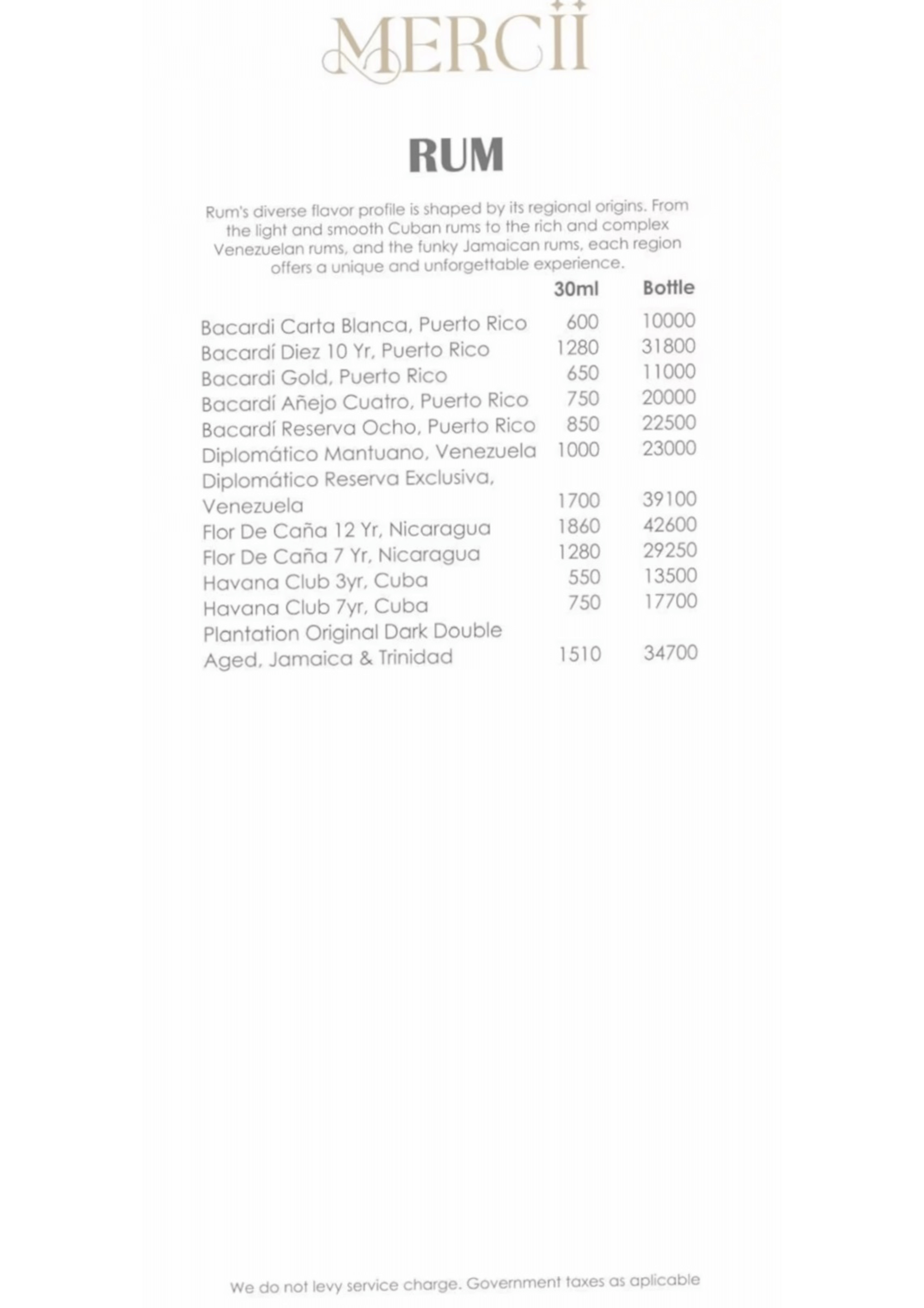 Menu of Mercii, Santacruz West, Western Suburbs