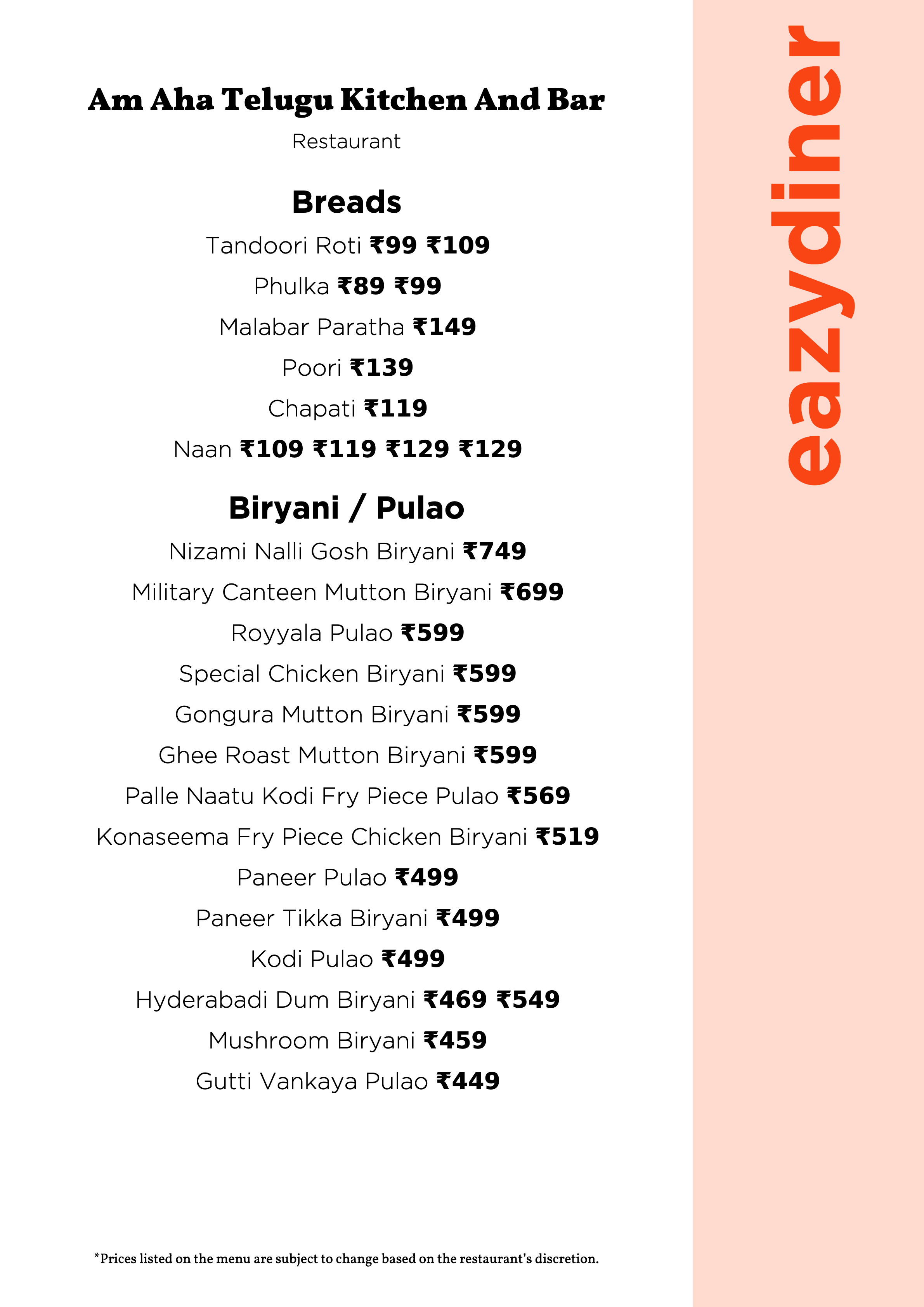 Menu of Am Aha Telugu Kitchen and Bar, Inorbit Mall Cyberabad, Madhapur