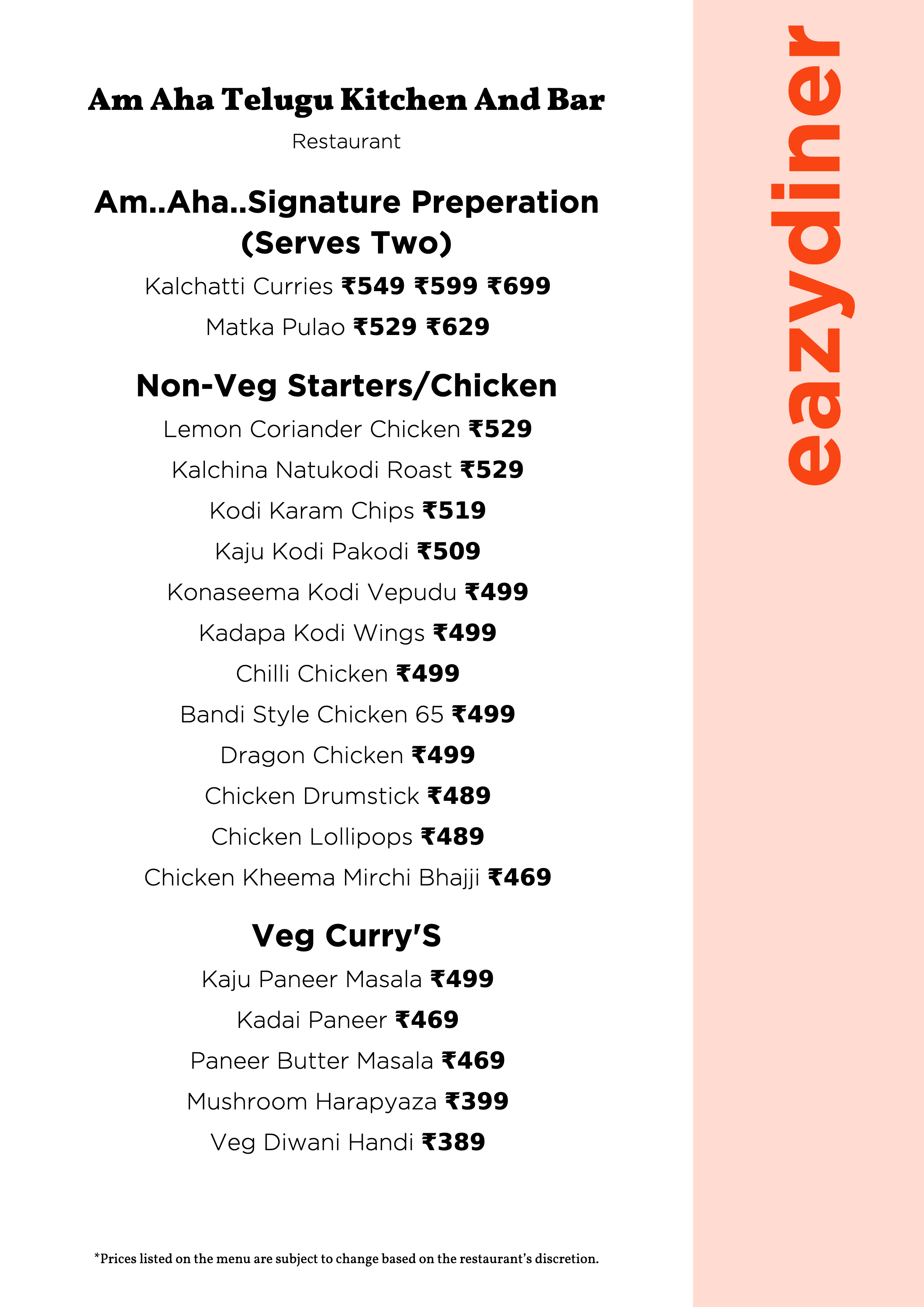 Menu of Am Aha Telugu Kitchen and Bar, Inorbit Mall Cyberabad, Madhapur