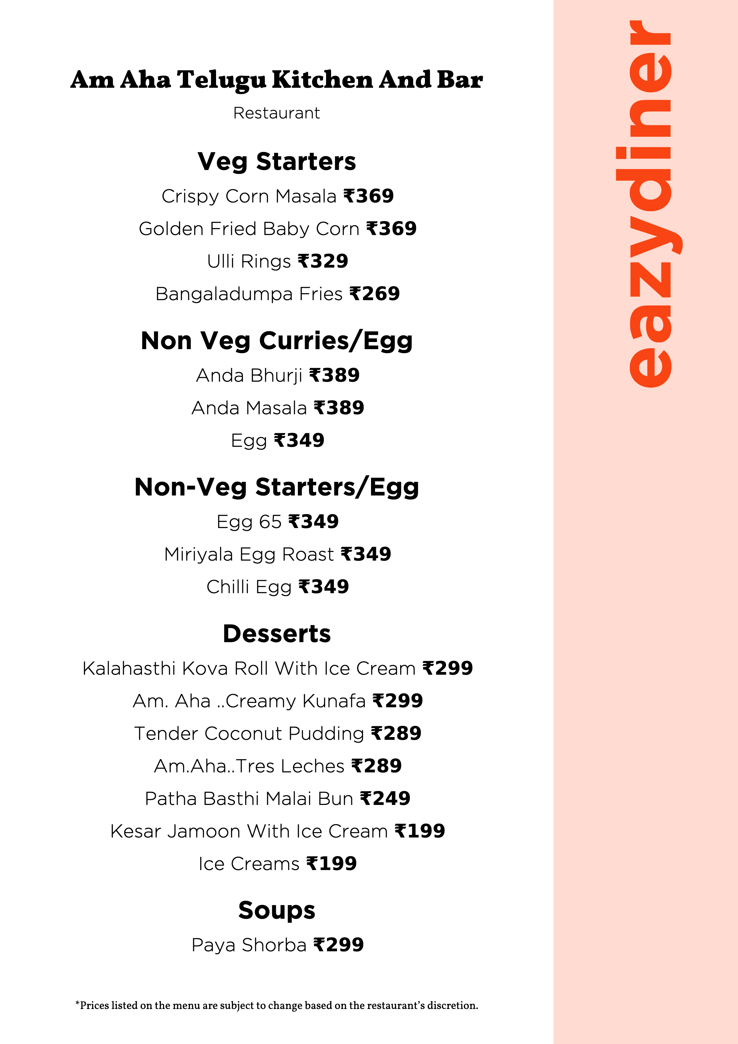 Menu of Am Aha Telugu Kitchen and Bar, Inorbit Mall Cyberabad, Madhapur