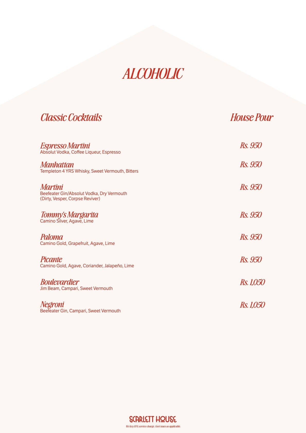 Menu of Scarlett House, Bandra West, Western Suburbs