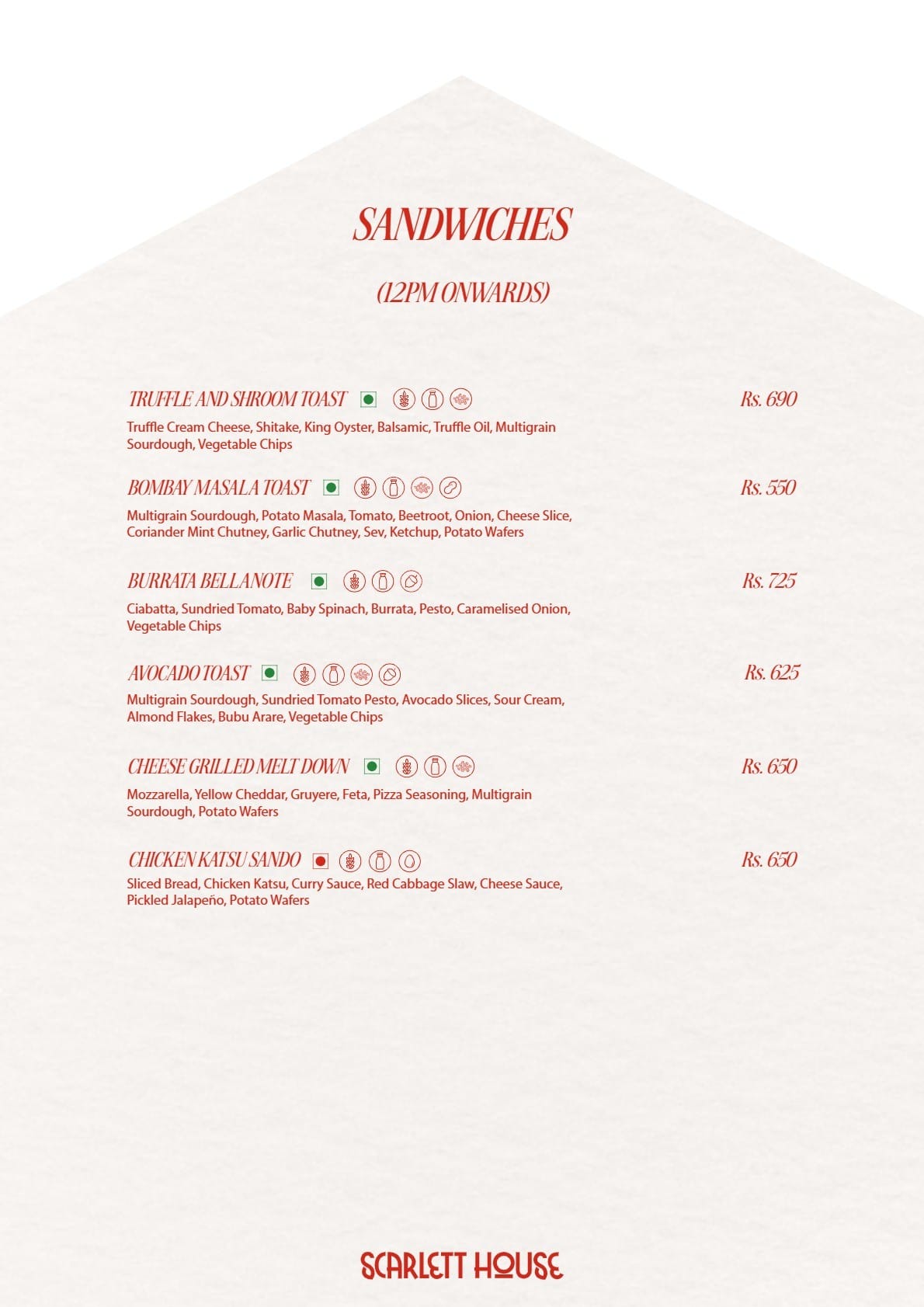 Menu of Scarlett House, Bandra West, Western Suburbs