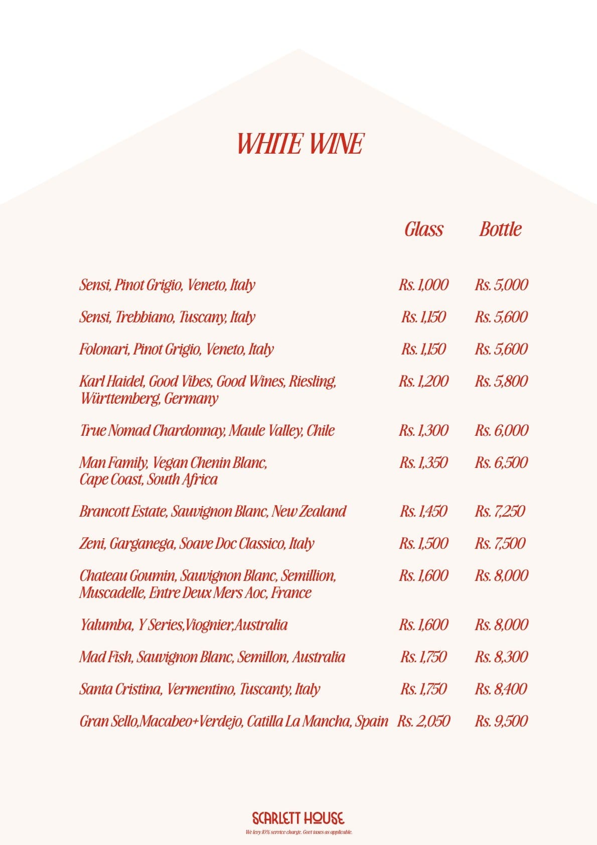 Menu of Scarlett House, Bandra West, Western Suburbs