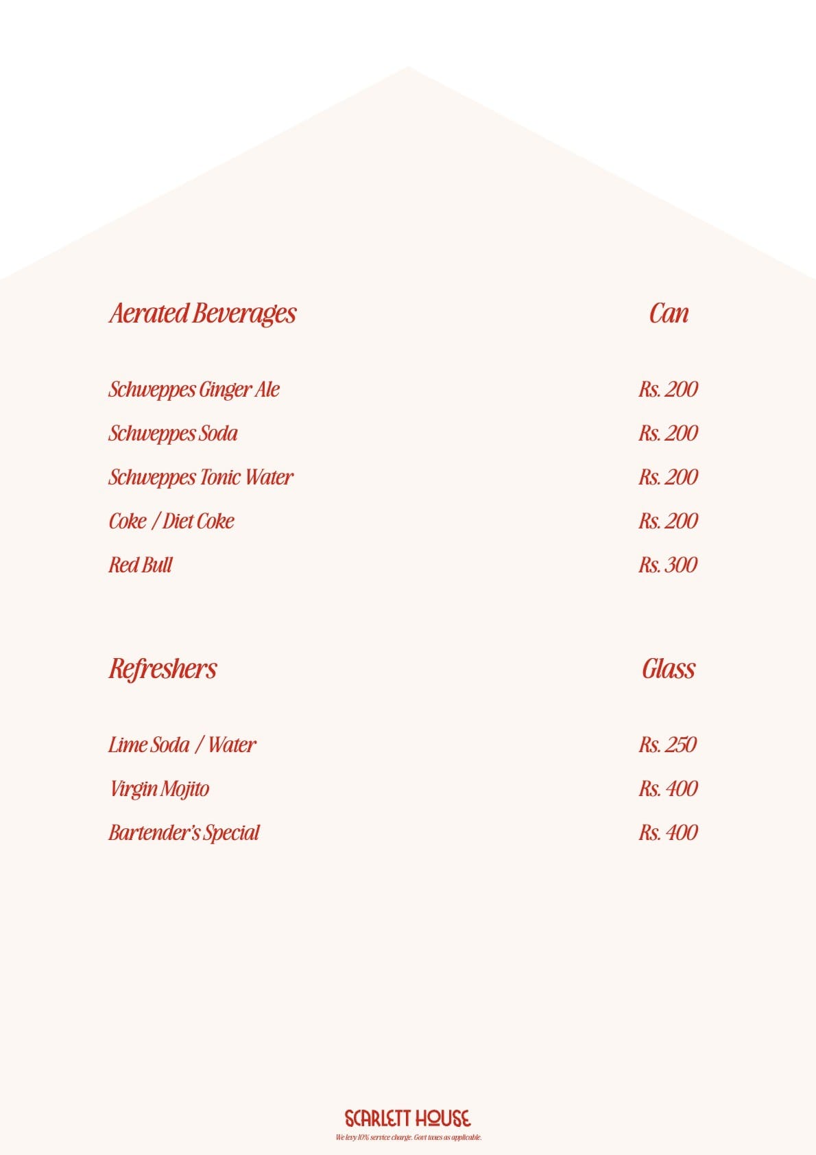 Menu of Scarlett House, Bandra West, Western Suburbs
