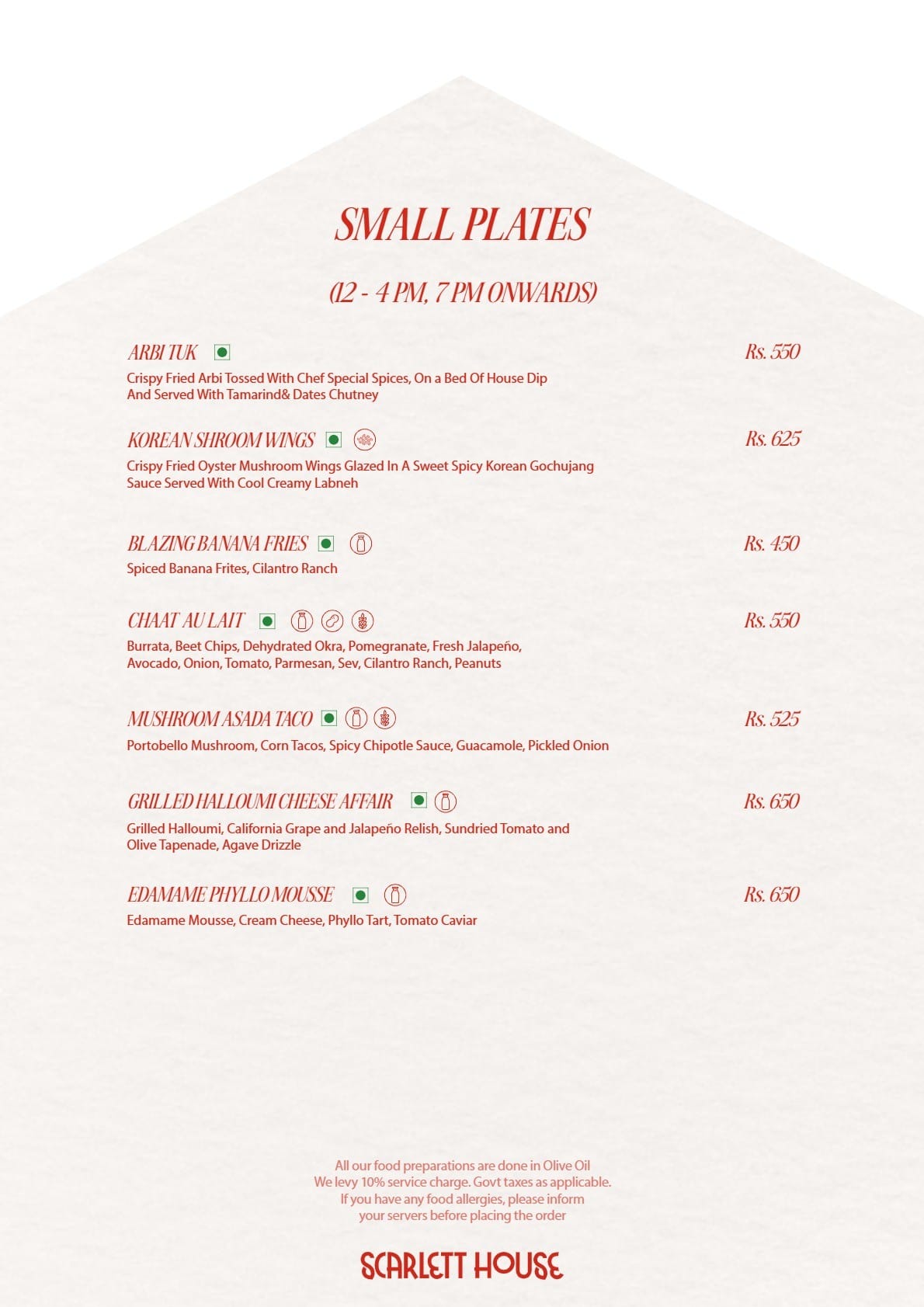 Menu of Scarlett House, Bandra West, Western Suburbs