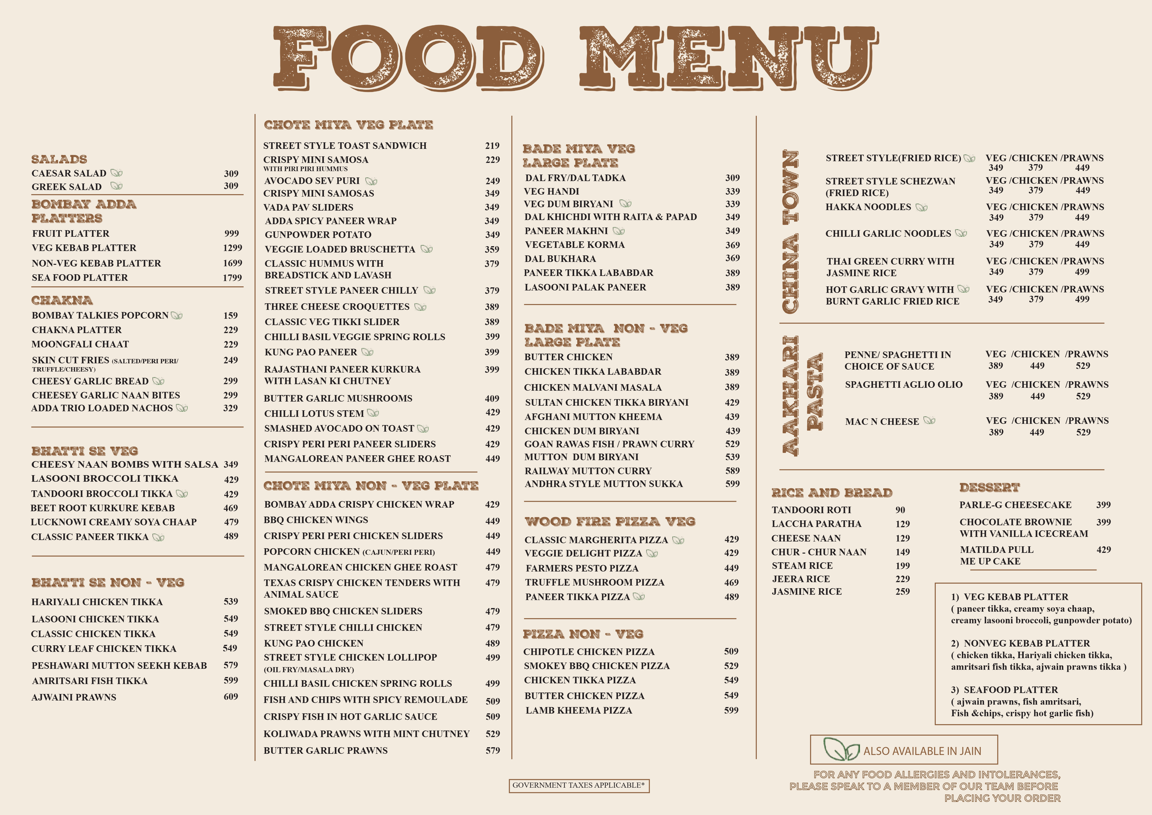 Menu of Bombay Adda, Andheri East, Western Suburbs