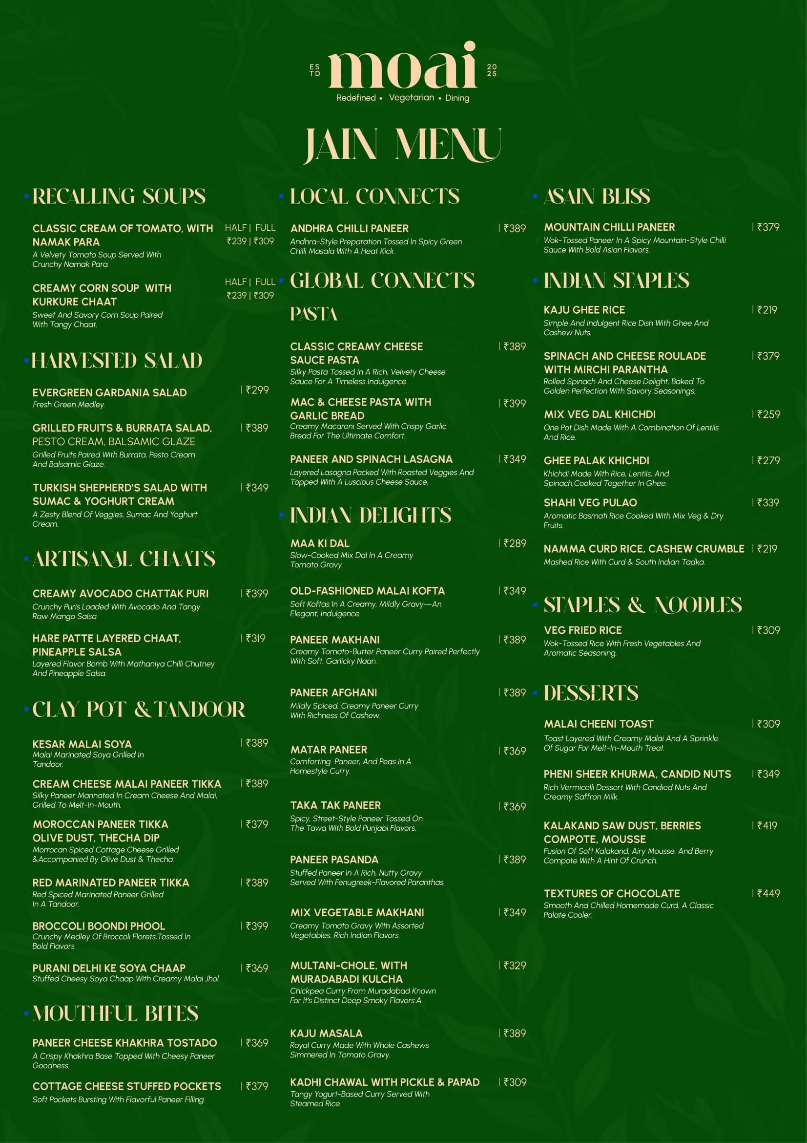 Menu of Moai - Redefined Vegetarian Dining, Jayanagar, South Bengaluru