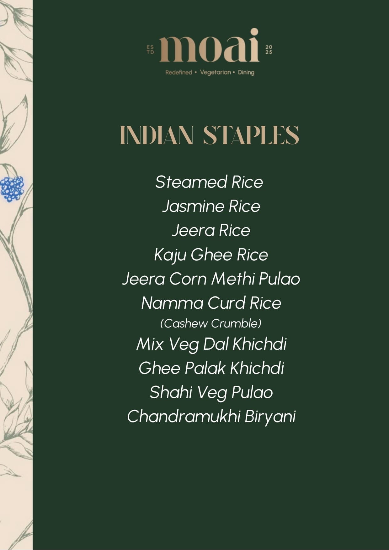 Menu of Moai - Redefined Vegetarian Dining, Jayanagar, South Bengaluru