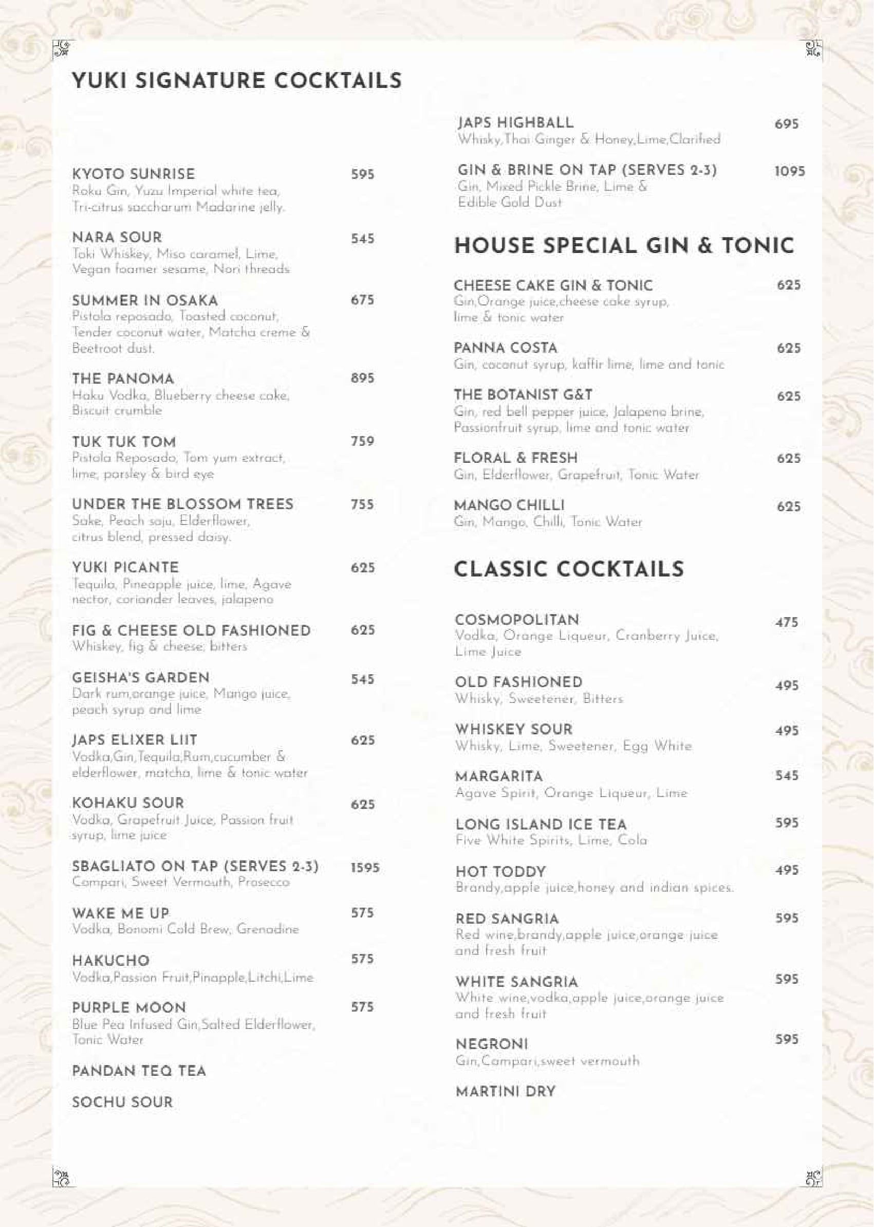 Menu of Yuki - Cocktail Bar and Kitchen, Whitefield, East Bengaluru