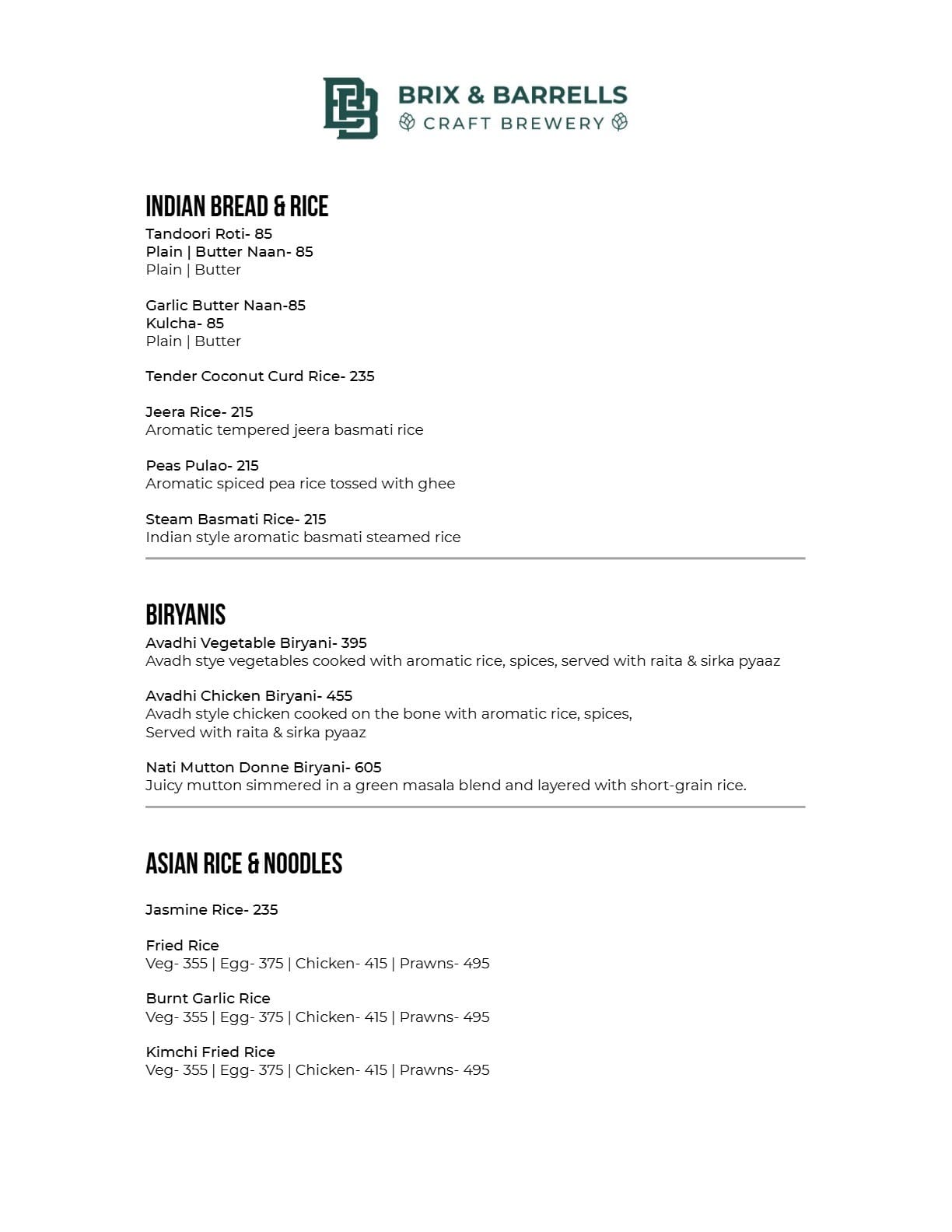 Menu of Brix and Barrells, Whitefield, East Bengaluru