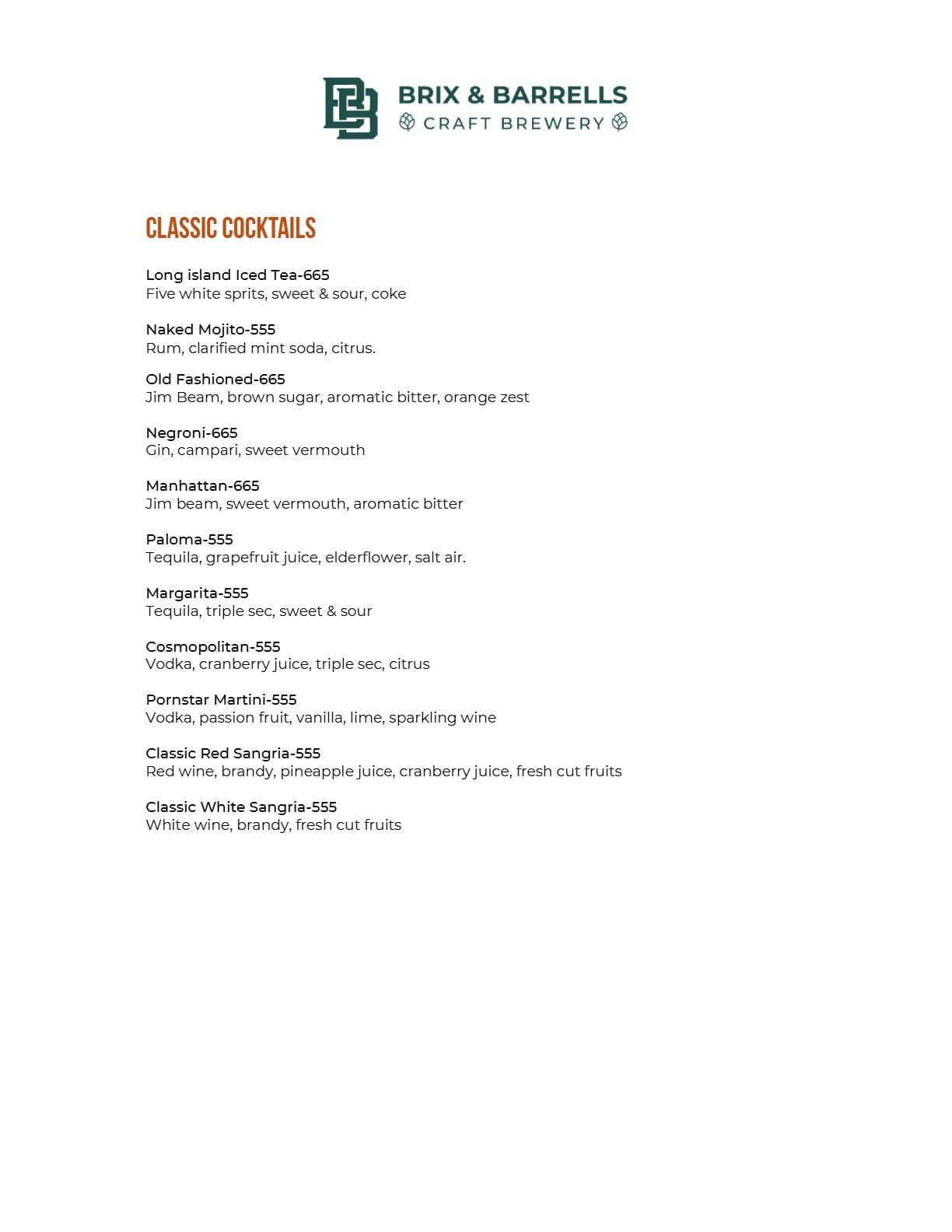 Menu of Brix and Barrells, Whitefield, East Bengaluru