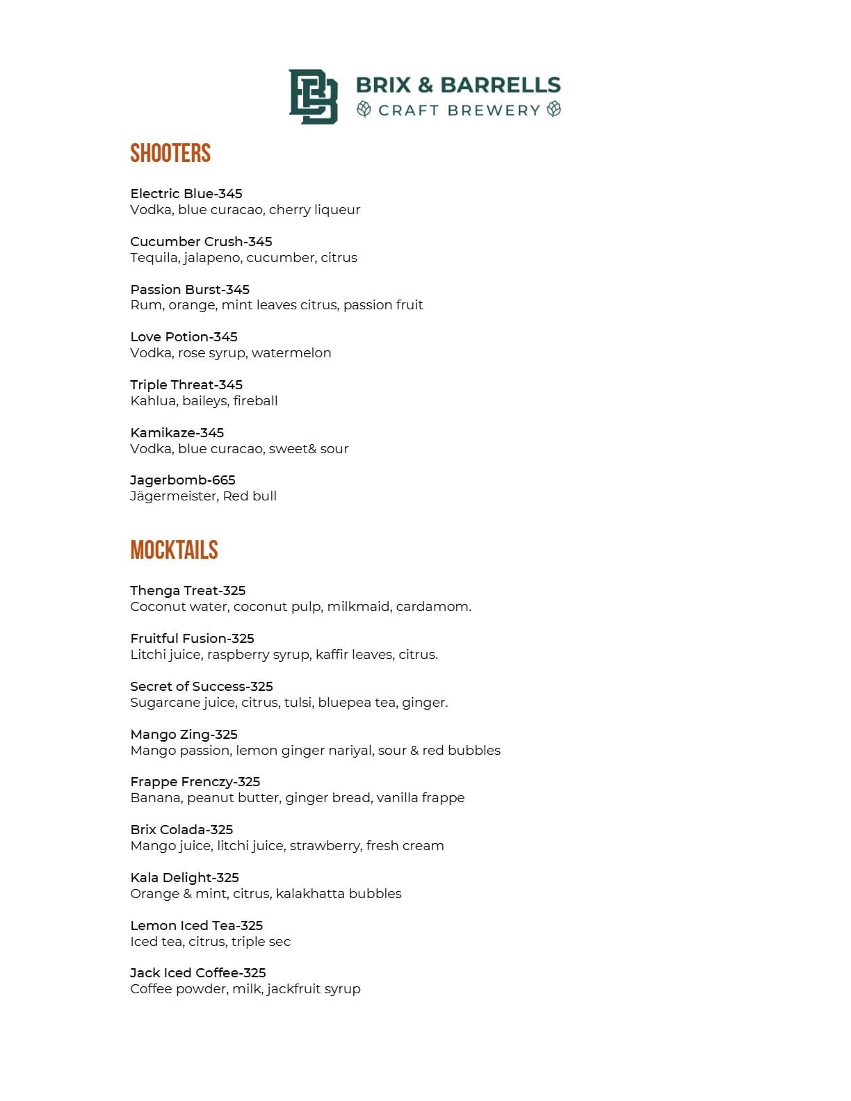Menu of Brix and Barrells, Whitefield, East Bengaluru