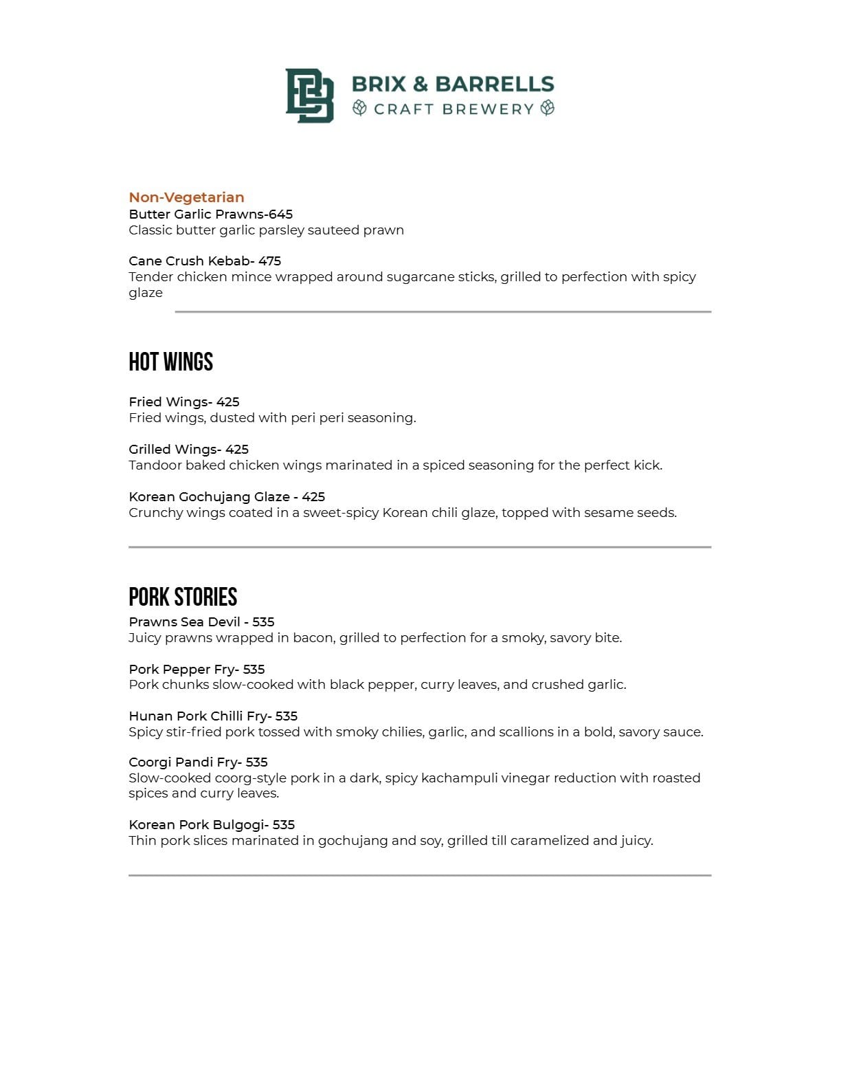 Menu of Brix and Barrells, Whitefield, East Bengaluru