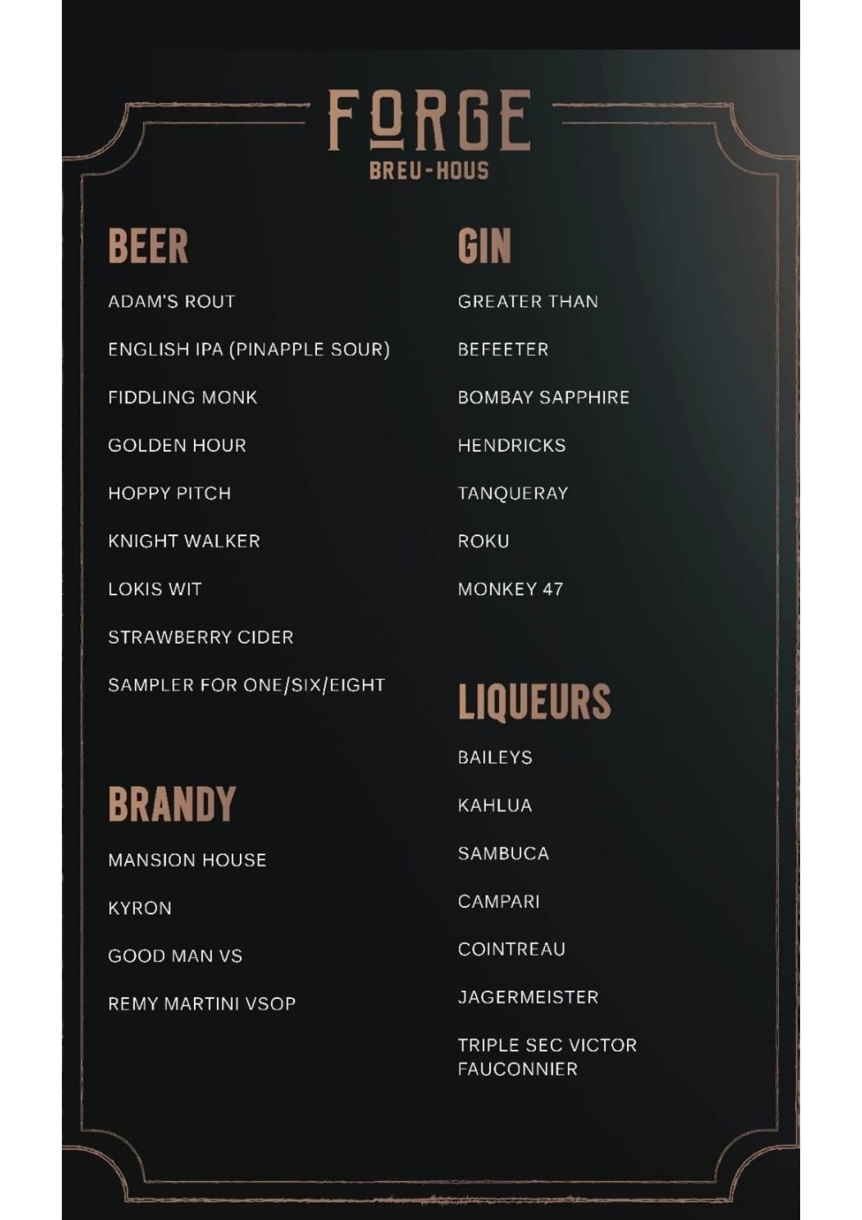 Menu of Forge Breu Hous, Road No. 45, Jubilee Hills, Hyderabad