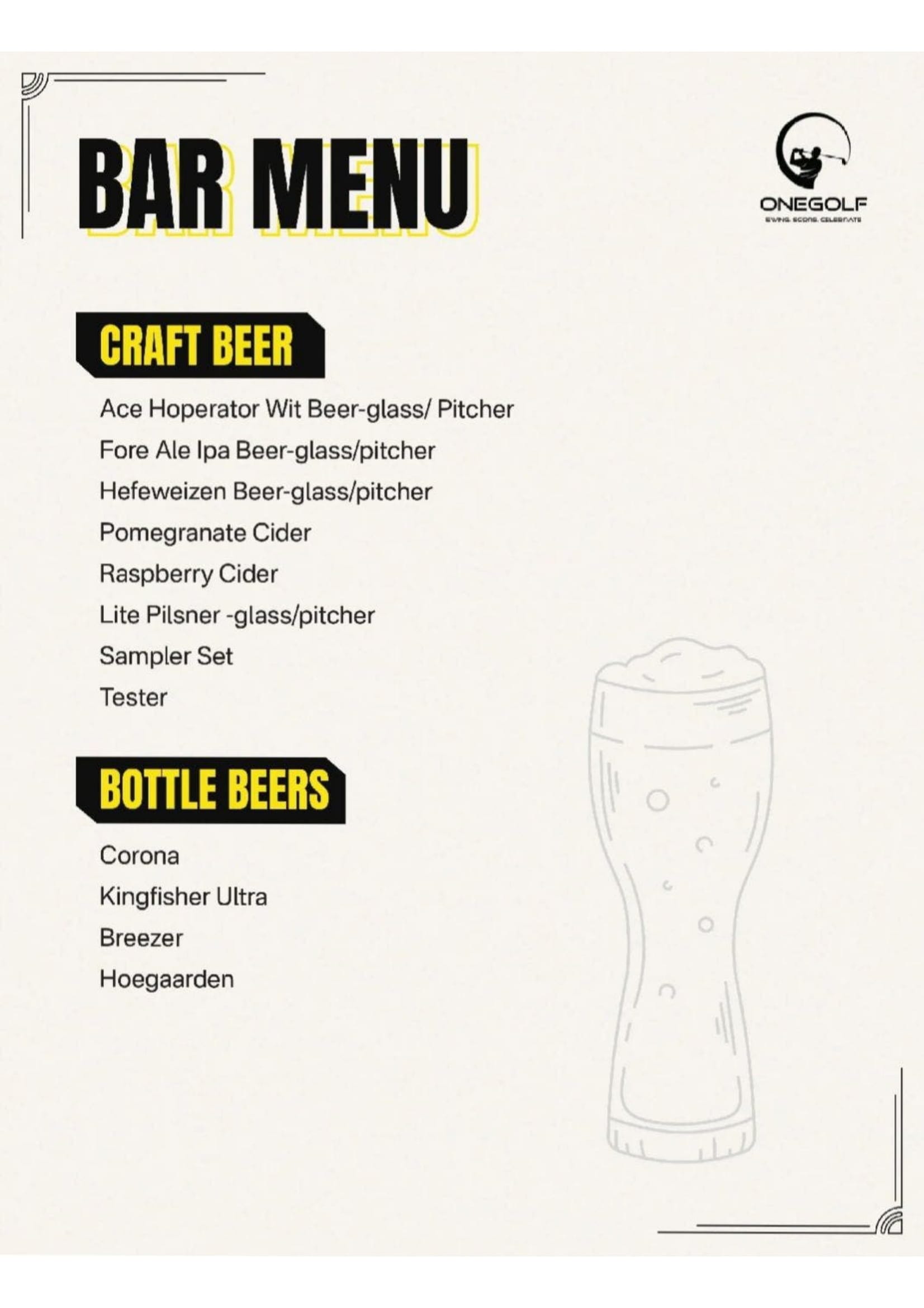 Menu of Onegolf Brewery, Nanakramguda, Hyderabad