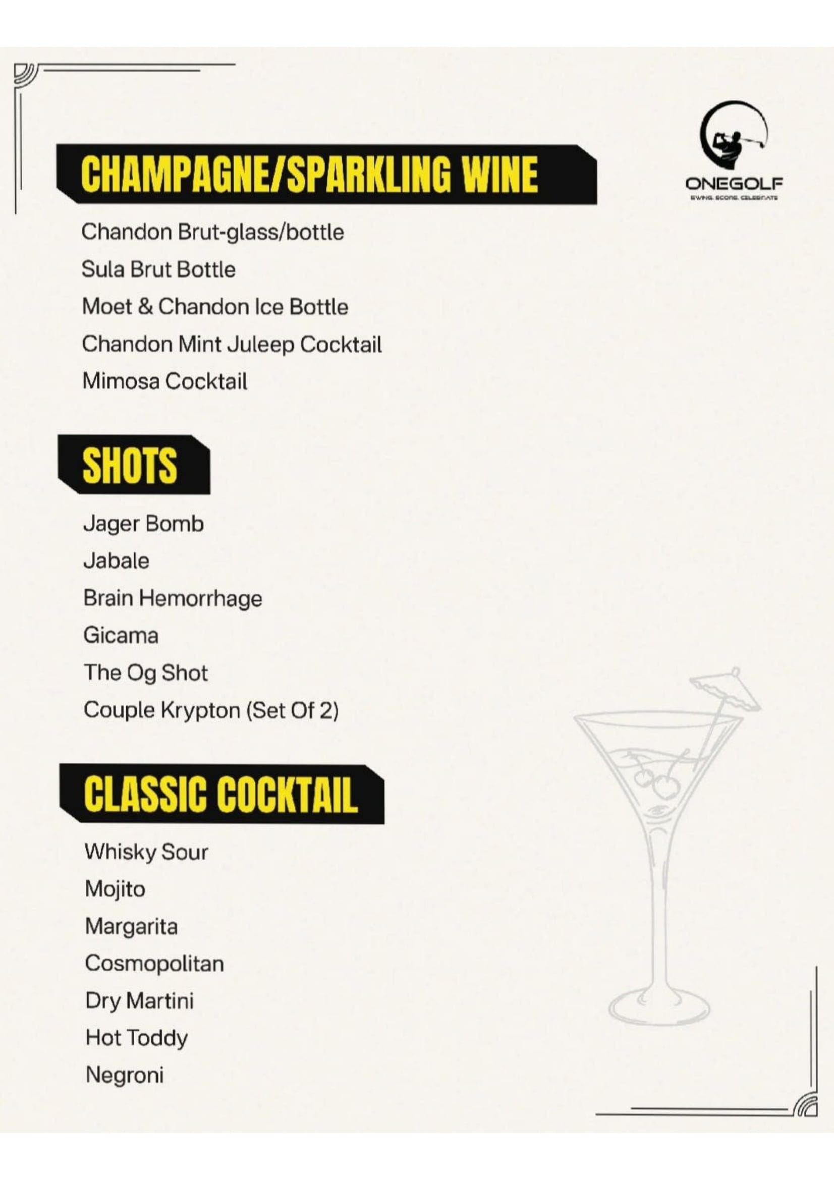 Menu of Onegolf Brewery, Nanakramguda, Hyderabad