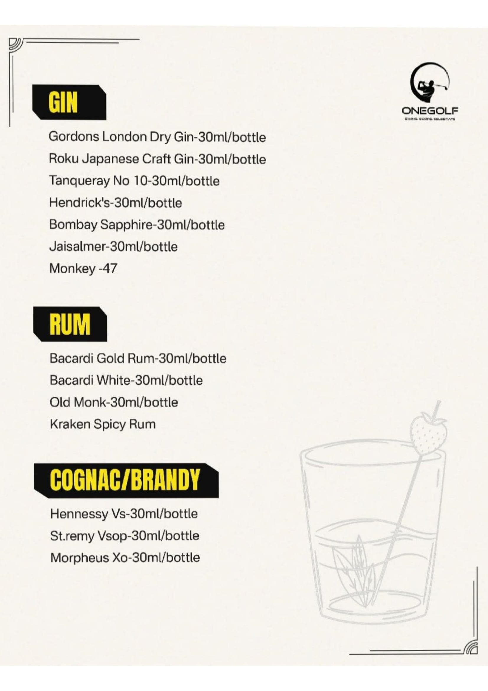 Menu of Onegolf Brewery, Nanakramguda, Hyderabad