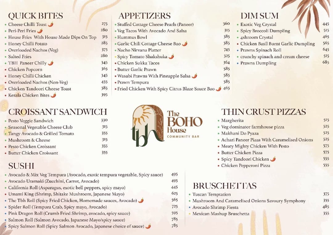 The Boho House Cocktail Bar Menu, Menu for The Boho House Cocktail Bar ...