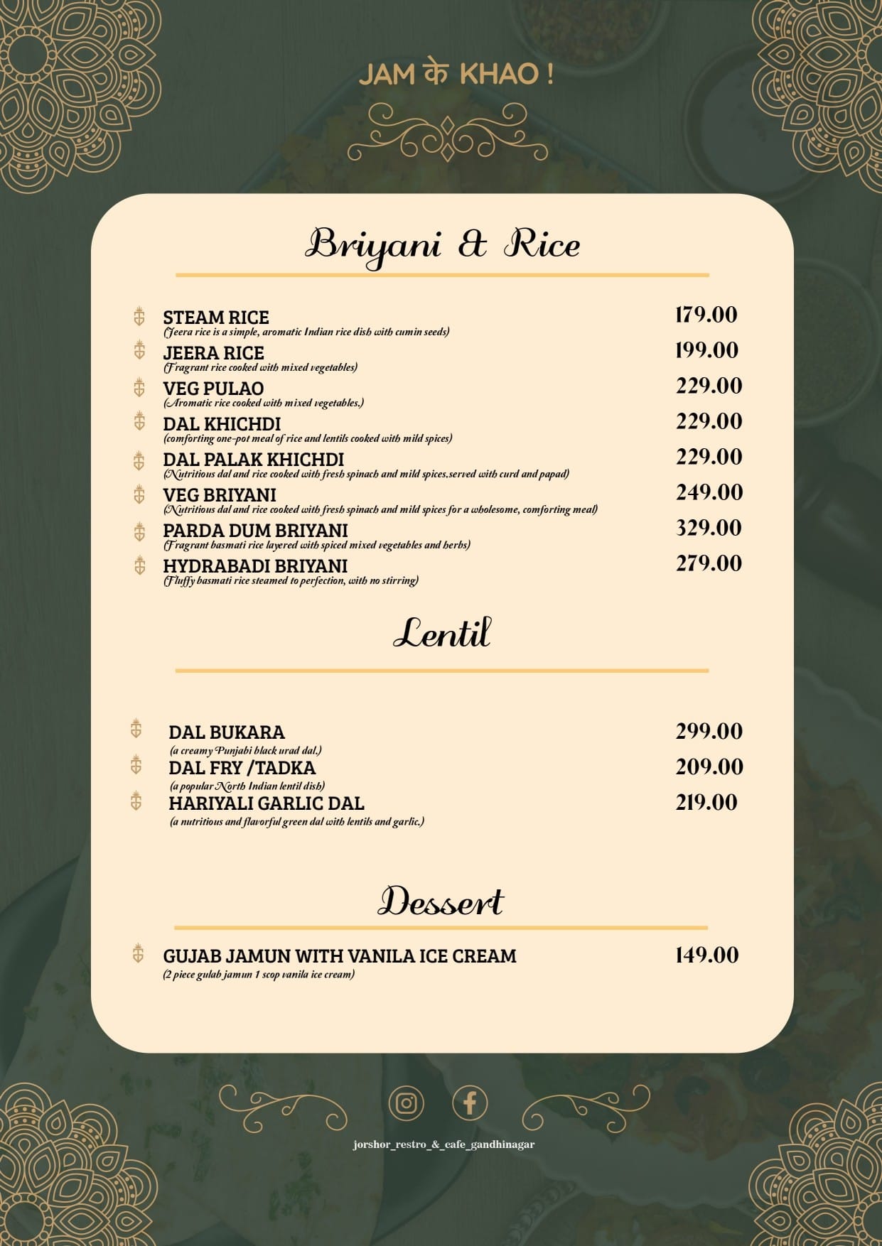 Menu of Jor Shor, Kudasan, Gandhinagar, Ahmedabad