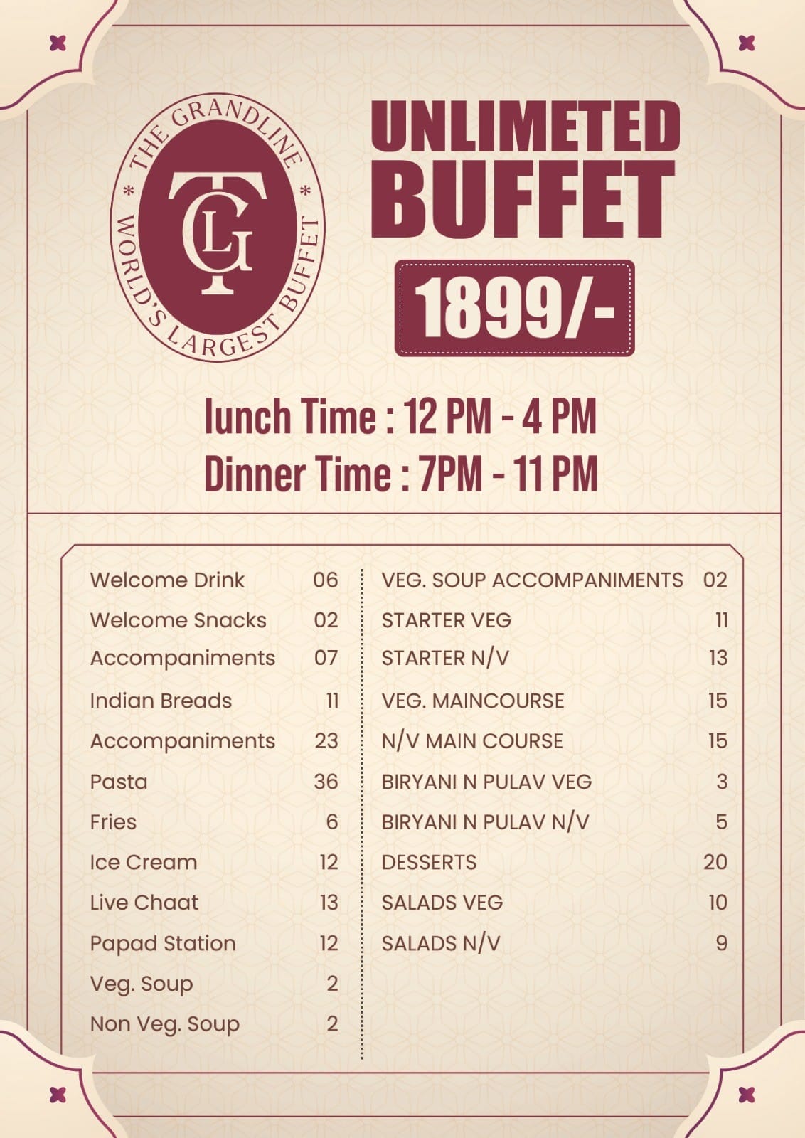 Menu of The GrandLine Buffet, Sarath City Capital Mall, Kondapur